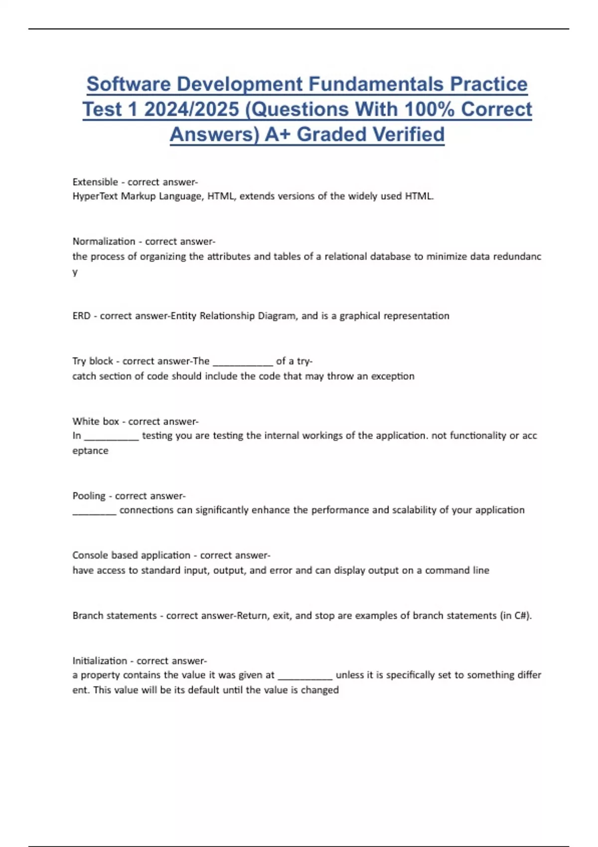 Software Development Fundamentals Practice Test 1 2024/2025 (Questions ...