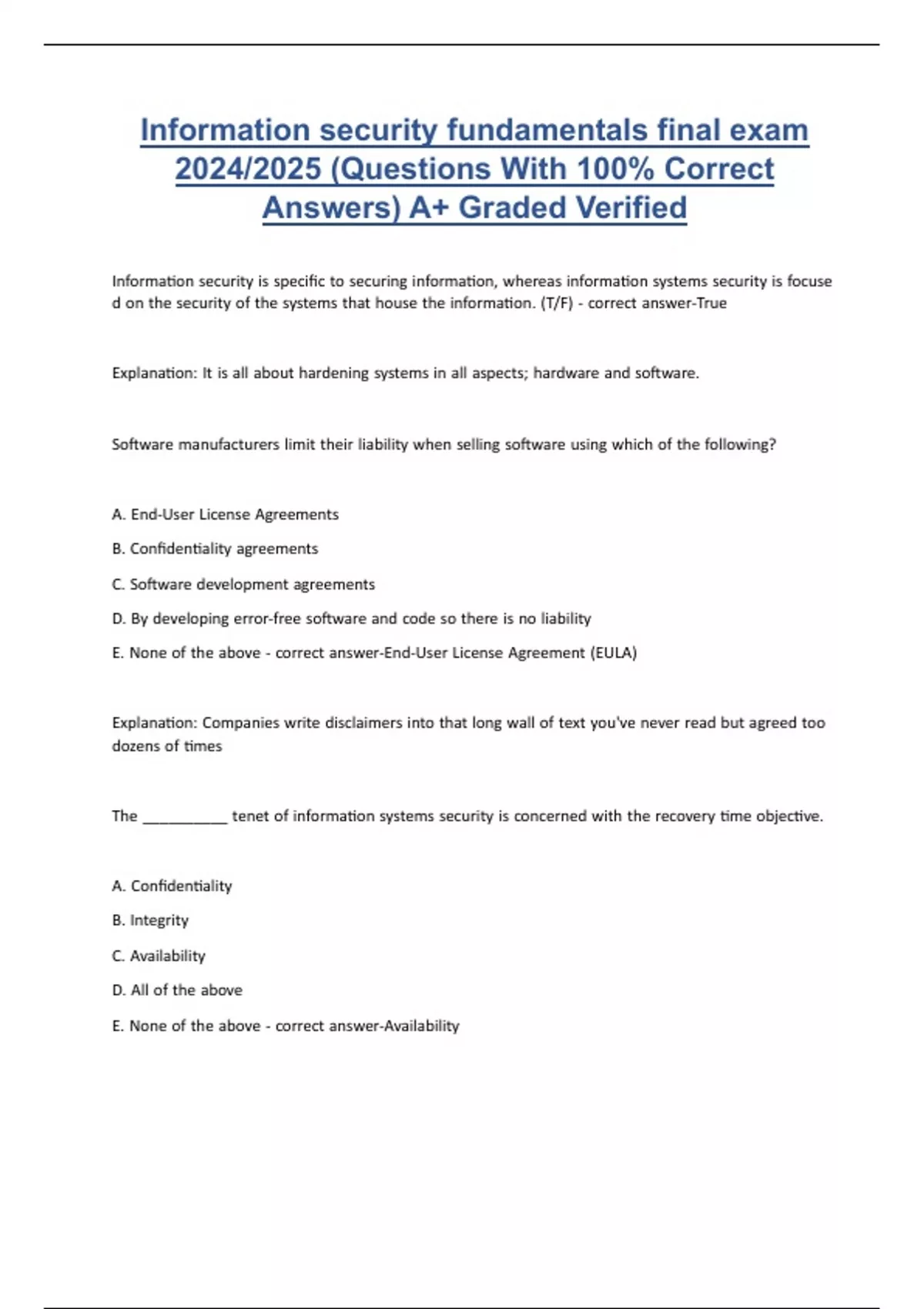 Information Security Fundamentals Final Exam 2024 2025 Questions With 100 Correct Answers A
