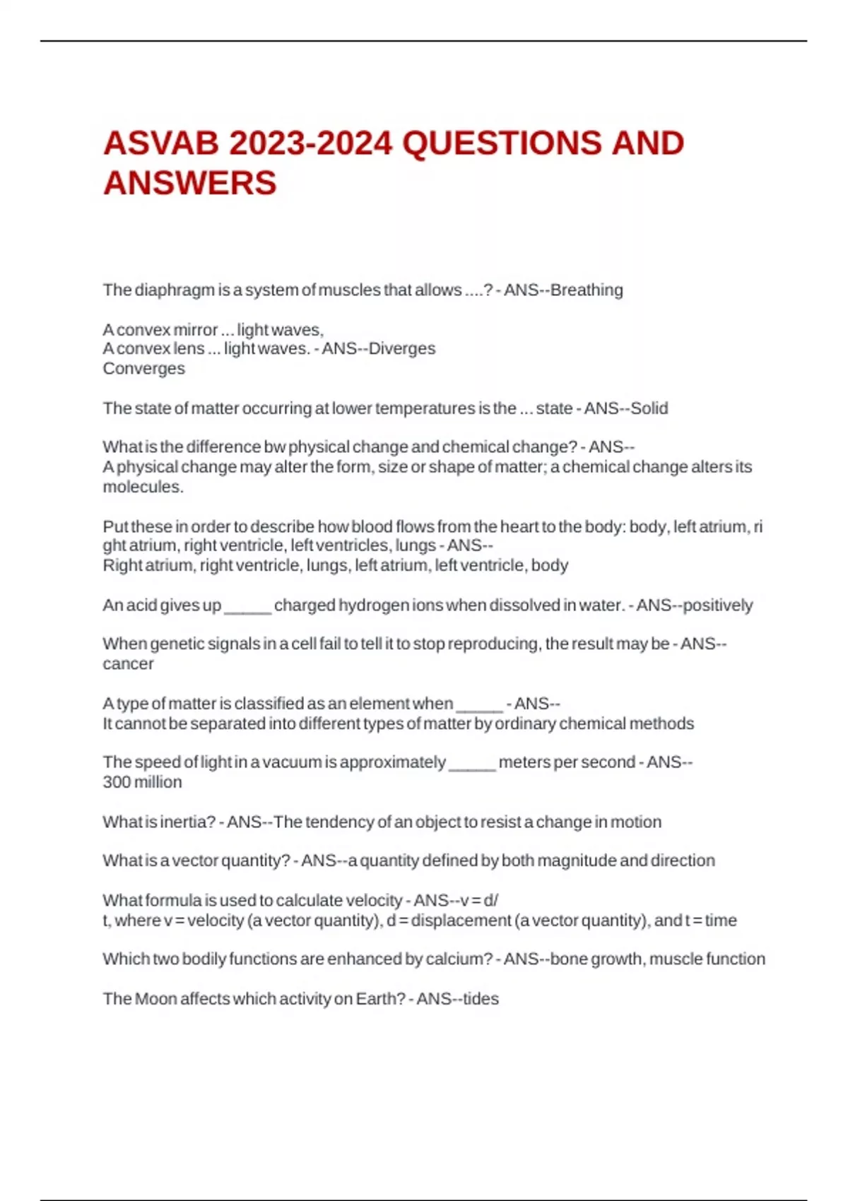 ASVAB QUESTIONS AND ANSWERS - ASVAB - Stuvia US