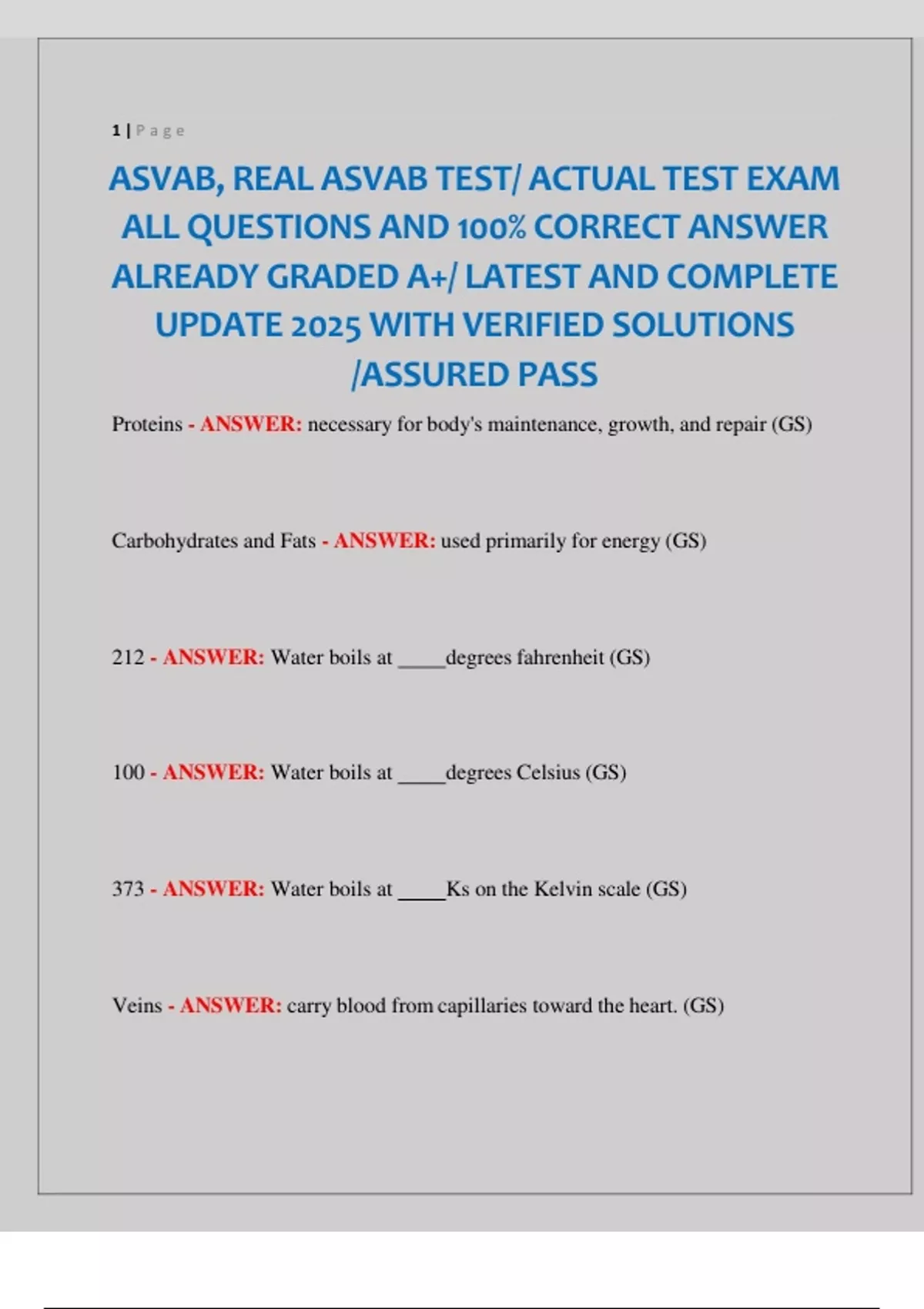 ASVAB, REAL ASVAB TEST/ ACTUAL TEST EXAM ALL QUESTIONS AND 100% CORRECT ...