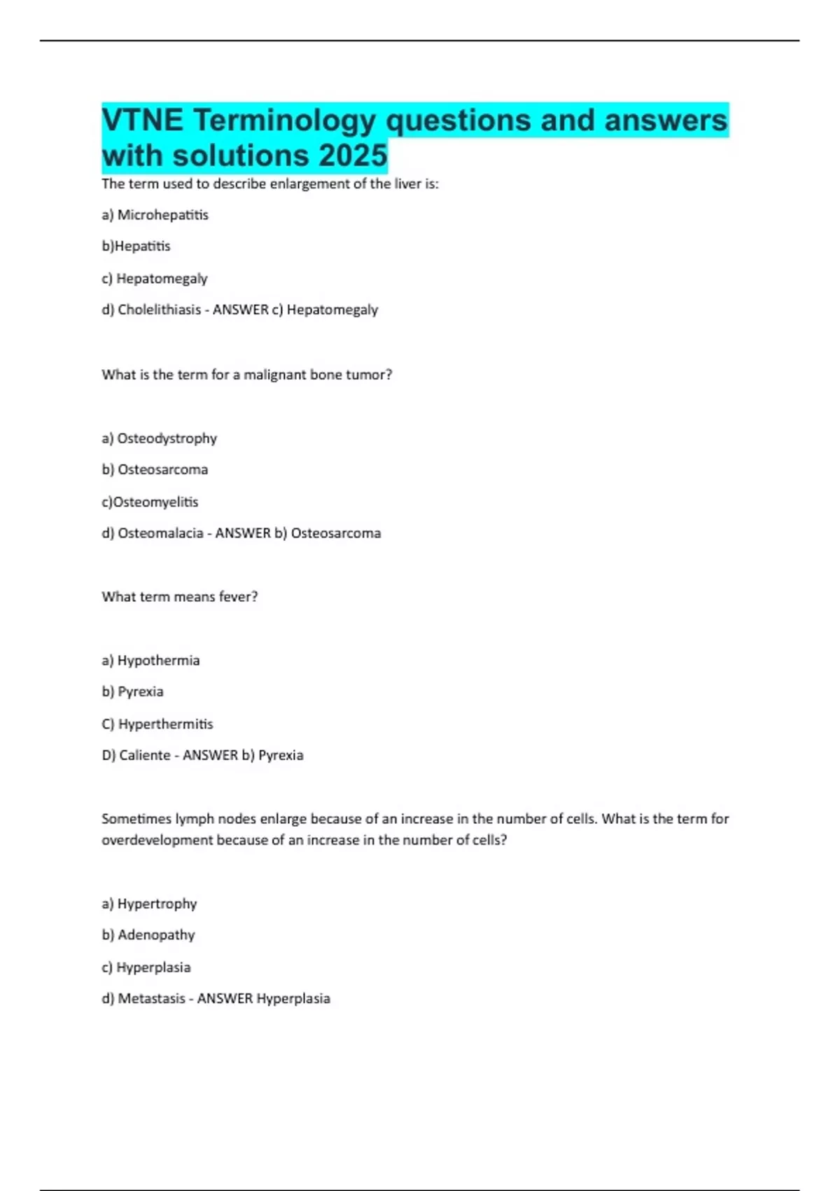 VTNE Terminology questions and answers with solutions 2025 - VTNE ...