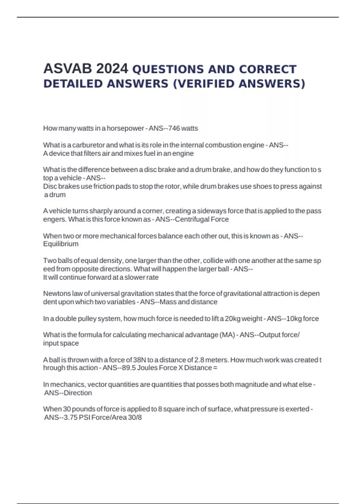 ASVAB 2024 QUESTIONS AND CORRECT DETAILED ANSWERS (VERIFIED ANSWERS ...