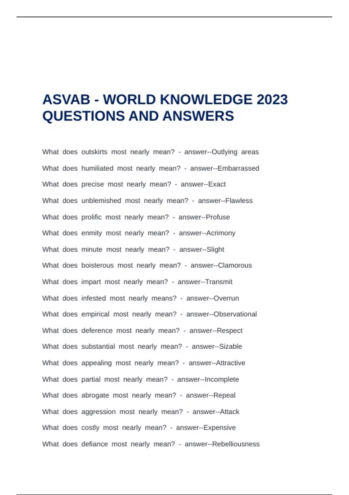 ASVAB - WORLD KNOWLEDGE 2023 QUESTIONS AND ANSWERS - ASVAB - Stuvia US