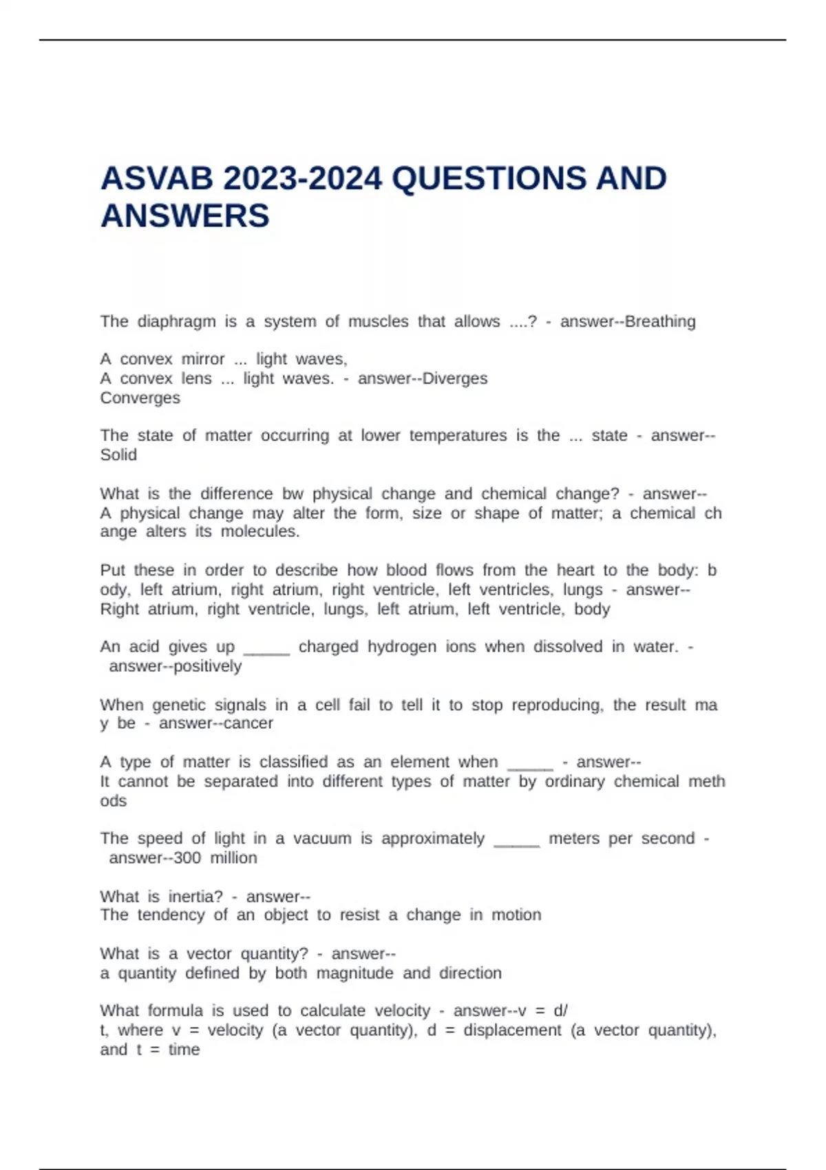 ASVAB QUESTIONS AND ANSWERS - ASVAB - Stuvia US