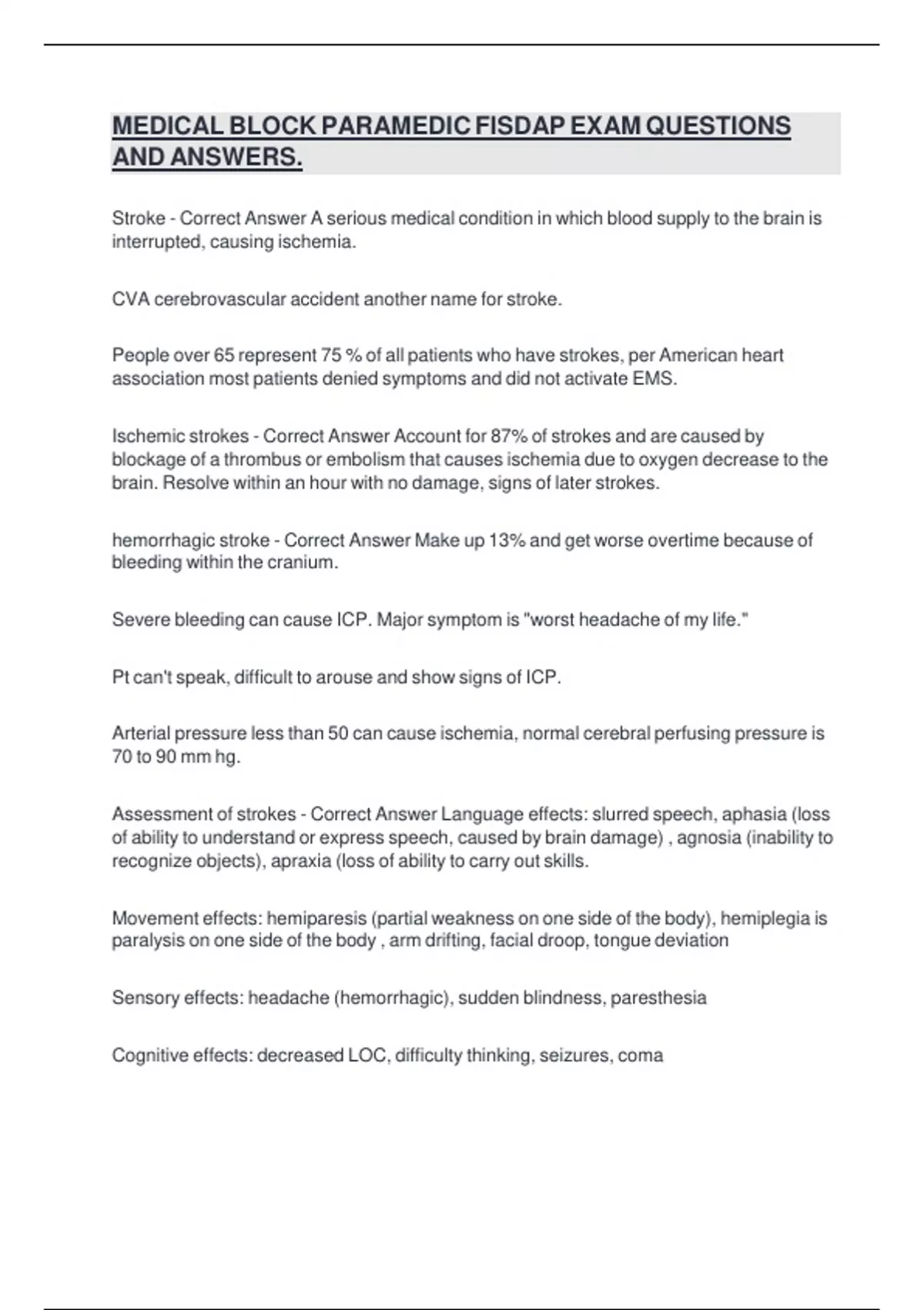 MEDICAL BLOCK PARAMEDIC FISDAP EXAM QUESTIONS AND ANSWERS. - MEDICAL ...