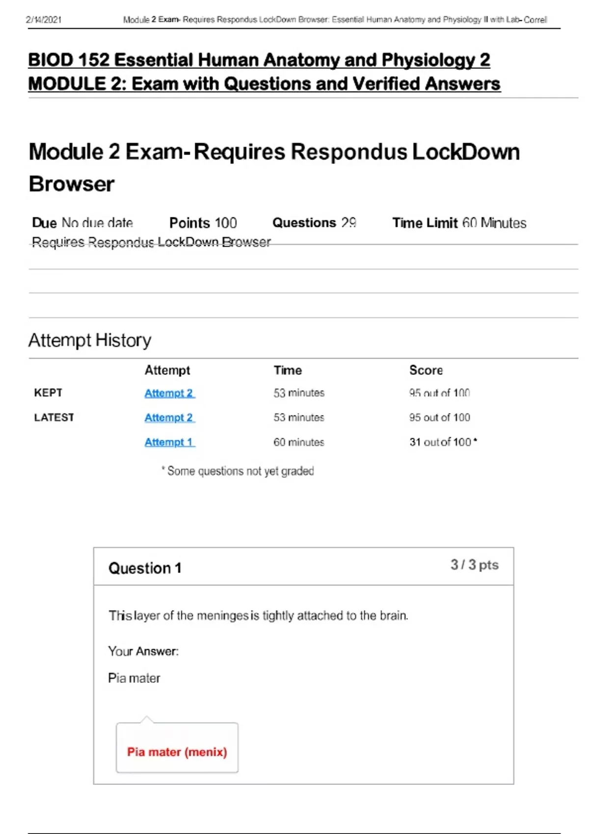 BIOD 152 Essential Human Anatomy and Physiology 2 MODULE 2: Exam with ...