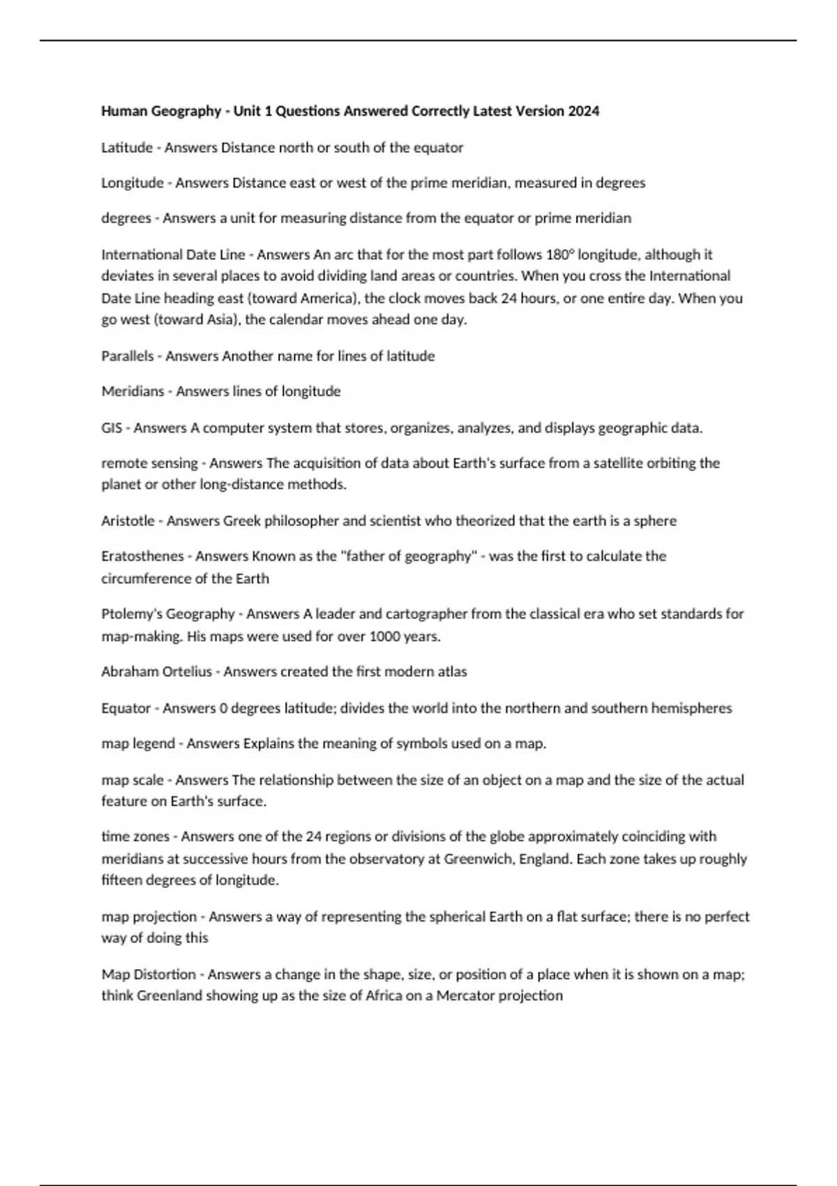 Human Geography - Unit 1 Questions Answered Correctly Latest Version ...