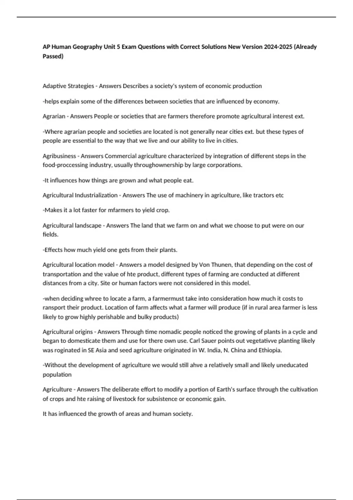 AP Human Geography Unit 5 Exam Questions with Correct Solutions New ...