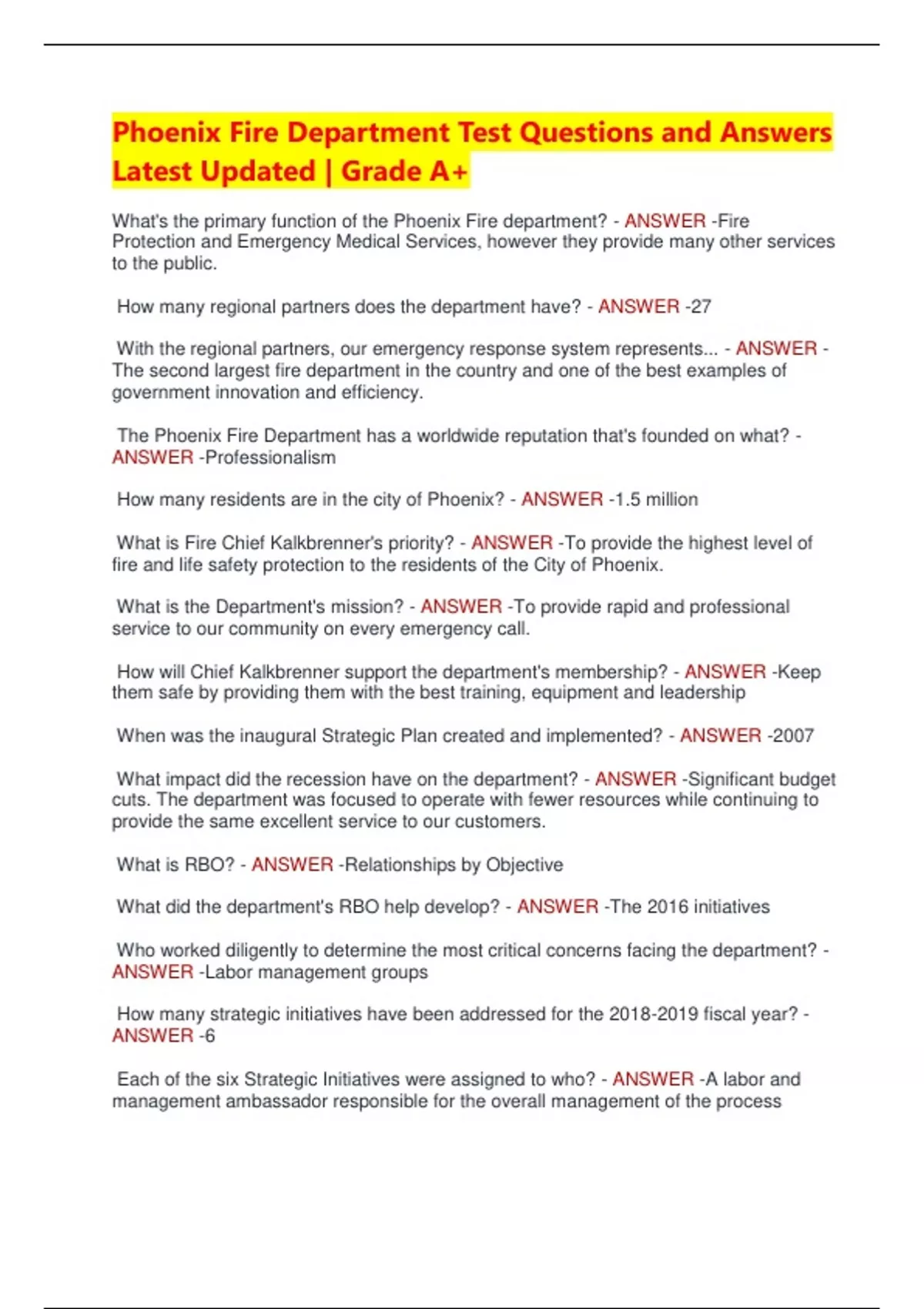 Phoenix Fire Department Test Questions and Answers Latest Updated ...