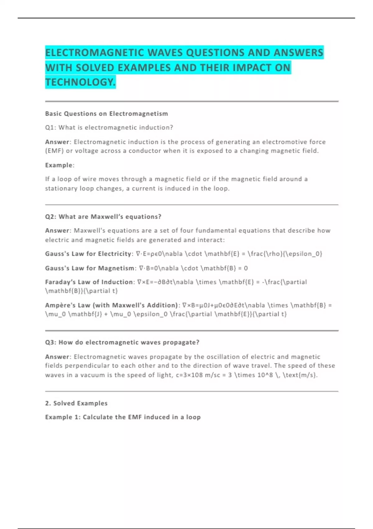 ELECTROMAGNETIC WAVES QUESTIONS AND ANSWERS WITH SOLVED EXAMPLES AND ...
