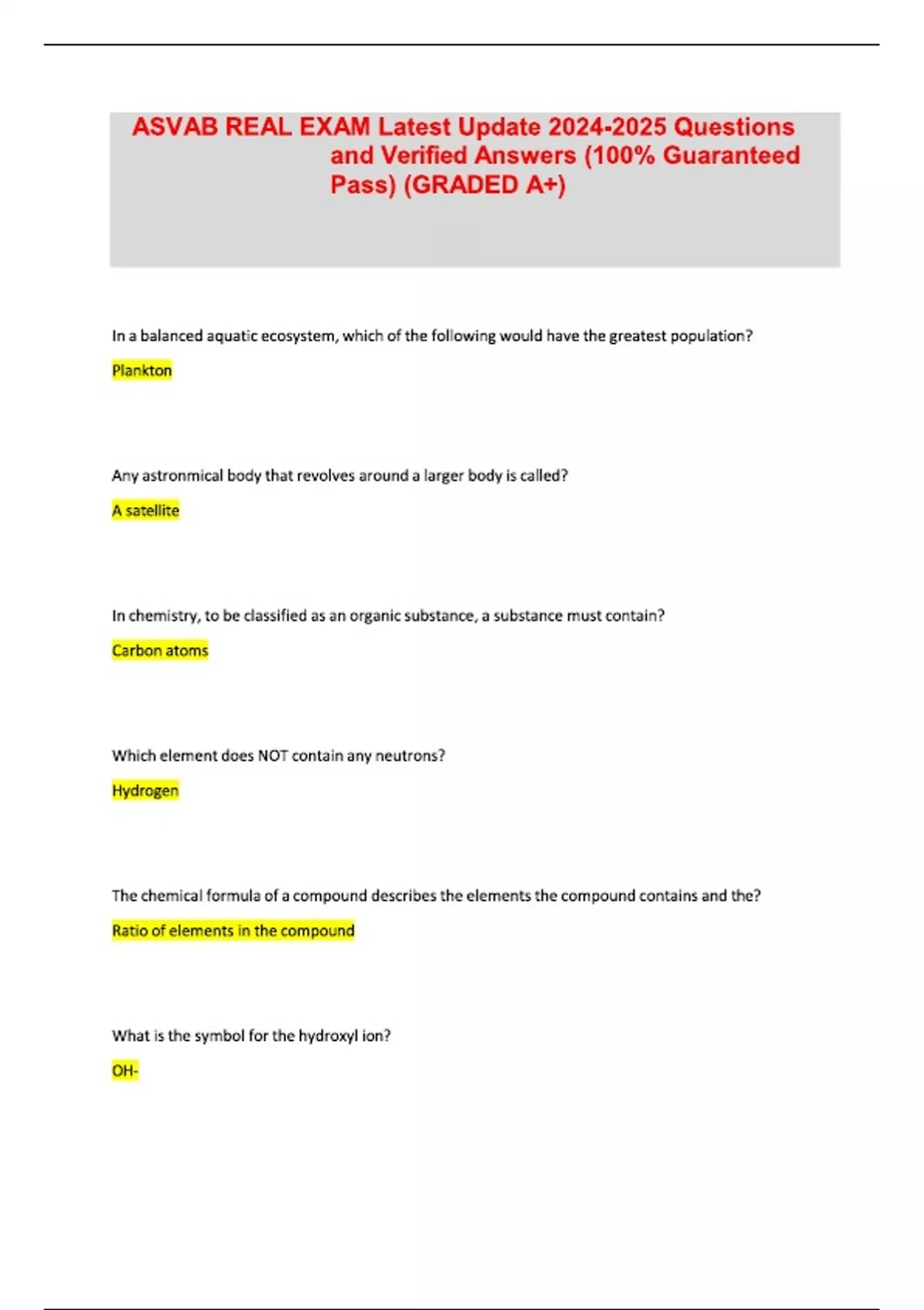 ASVAB REAL EXAM Latest Update Questions and Verified Answers (100% ...