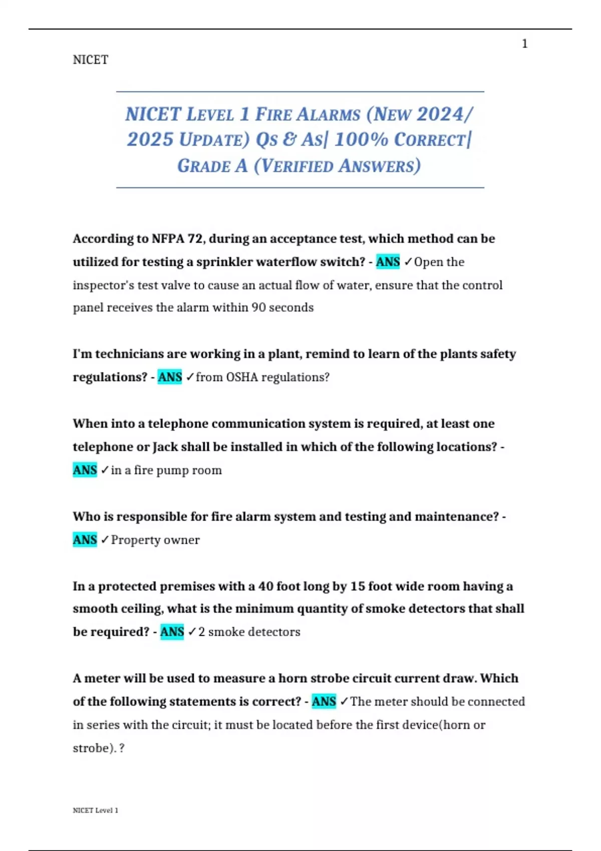 NICET LEVEL 1 FIRE ALARMS EXAMS (2024/ 2025 UPDATE) QS & AS| 100% ...