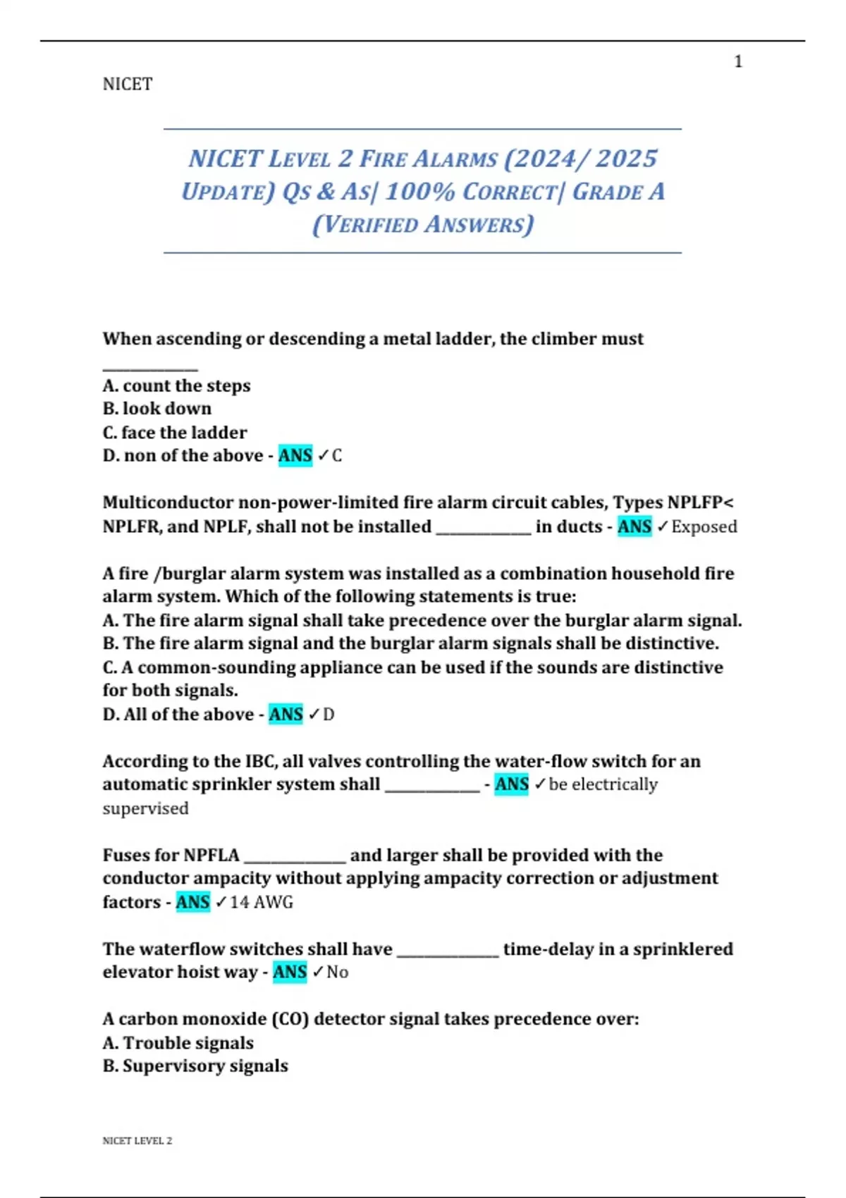 NICET LEVEL 2 FIRE ALARMS (2024/ 2025 UPDATE) QS & AS| 100% CORRECT ...