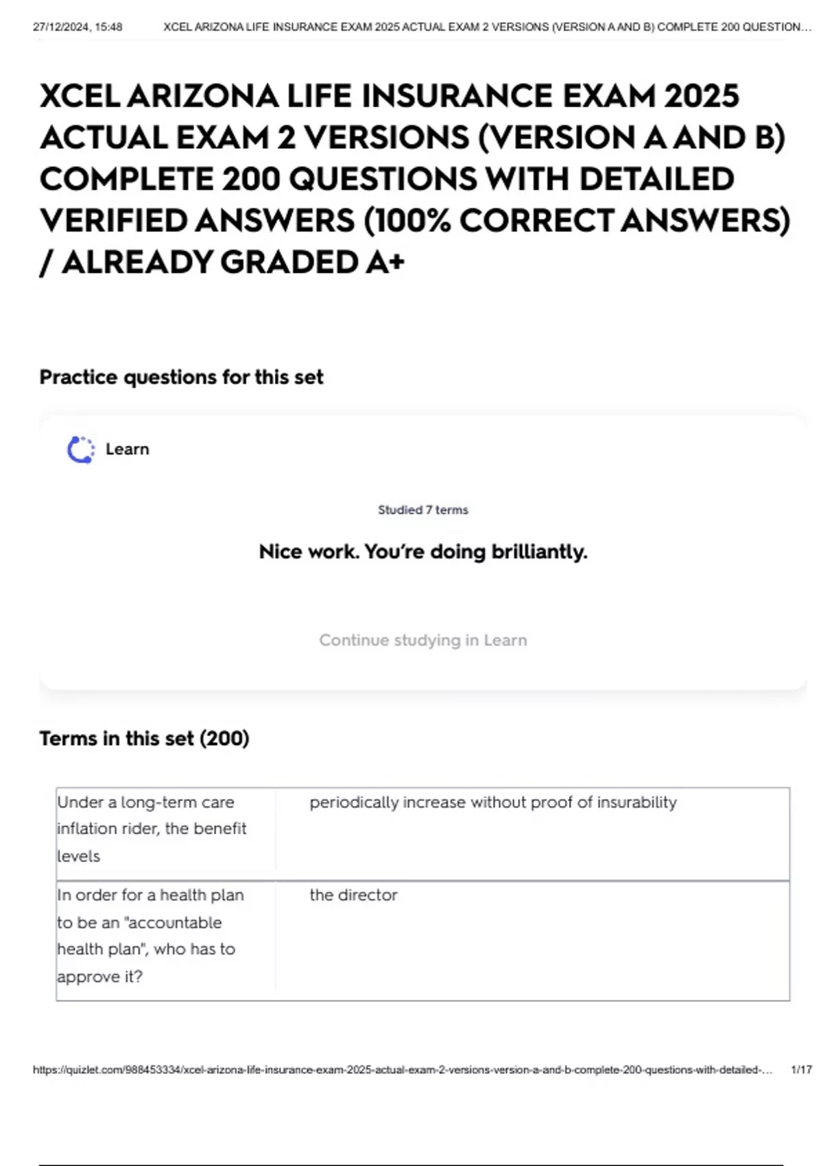 XCEL ARIZONA LIFE INSURANCE EXAM 2025 ACTUAL EXAM 2 VERSIONS (VERSION A ...