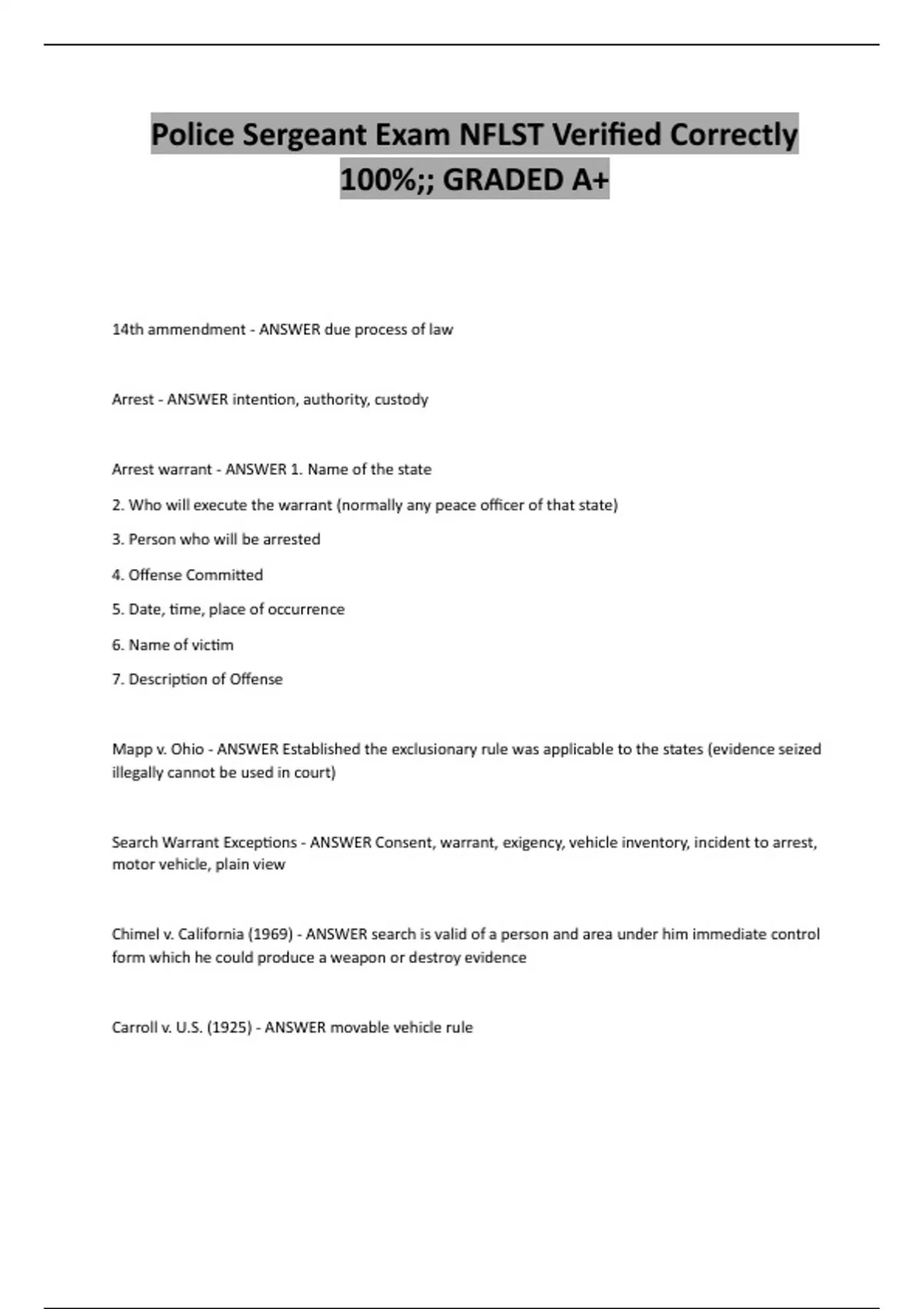 Police Sergeant Exam NFLST Verified Correctly 100%;; GRADED A+ - Police ...
