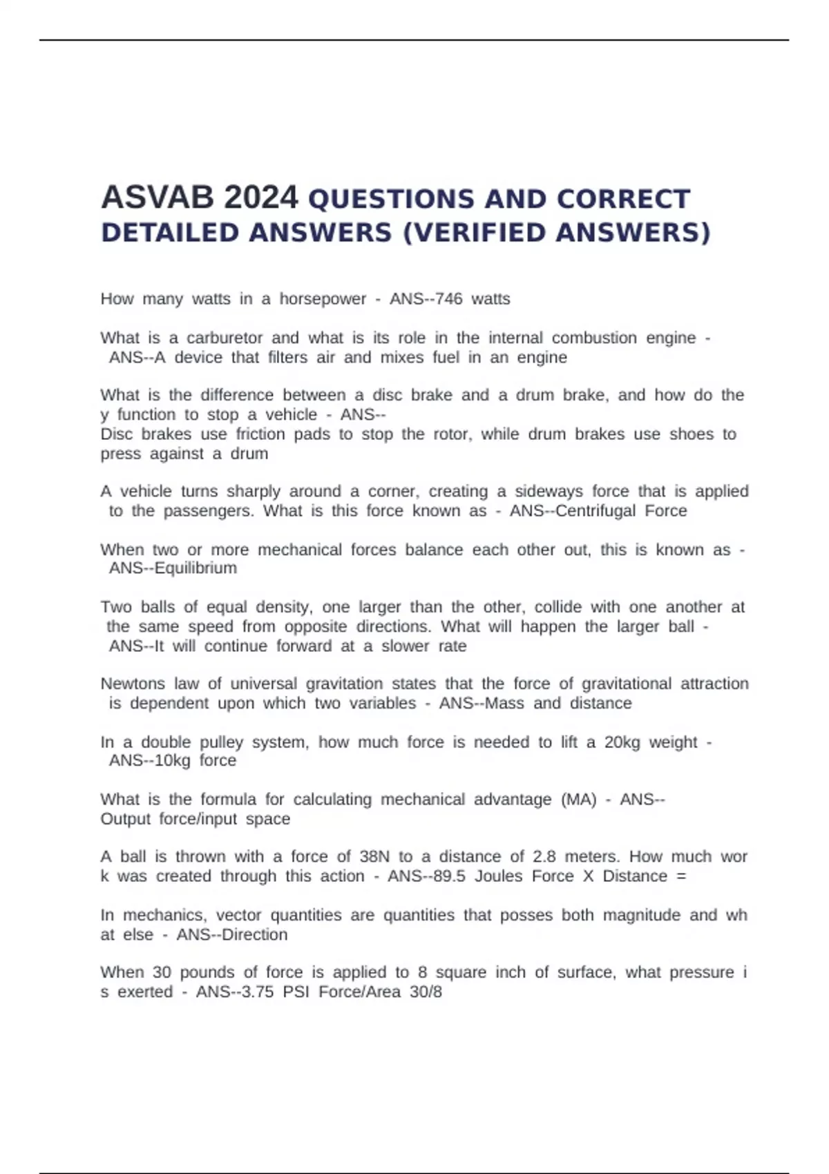 ASVAB 2024 QUESTIONS AND CORRECT DETAILED ANSWERS - ASVAB - Stuvia US
