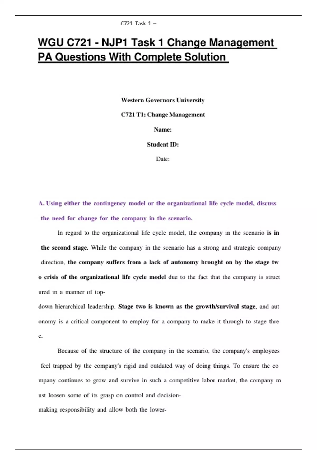 WGU C721 - NJP1 Task 1 Change Management PA Questions With Complete ...