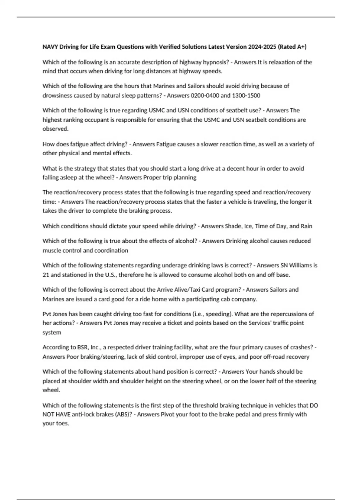 NAVY Driving for Life Exam Questions with Verified Solutions Latest ...