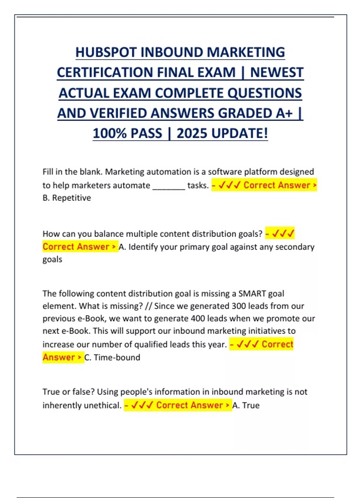 Hubspot Inbound Marketing Certification Answers