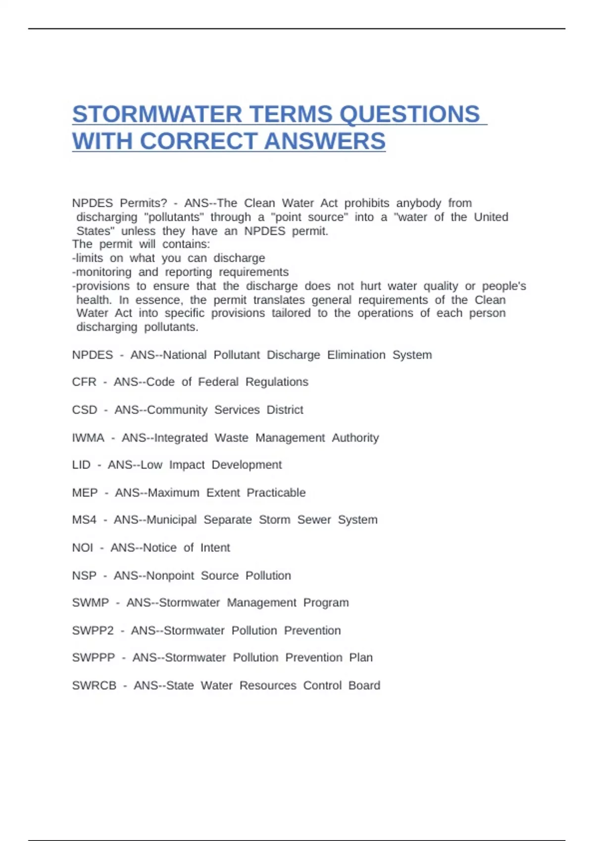 STORMWATER TERMS QUESTIONS WITH CORRECT ANSWERS - NPDES - Stuvia US