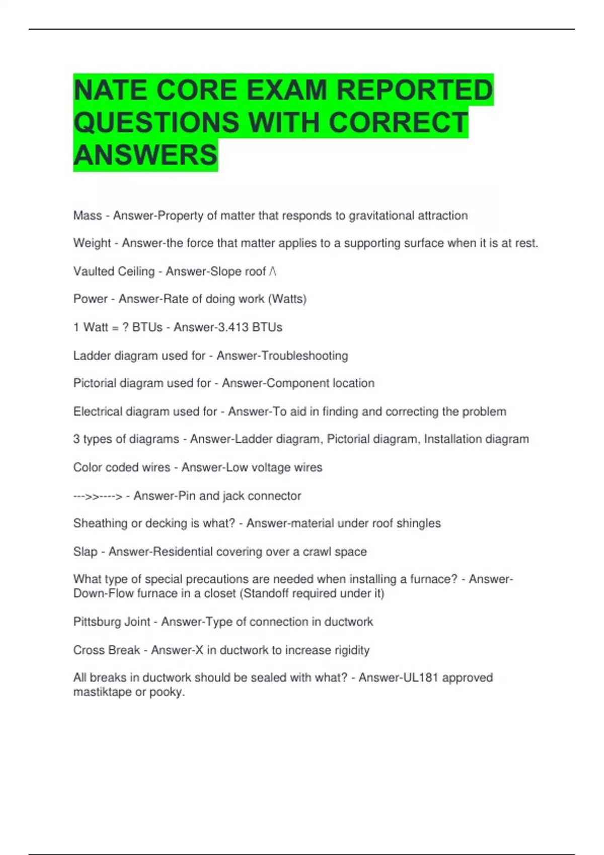 NATE CORE EXAM REPORTED QUESTIONS WITH CORRECT ANSWERS - NATE CORE ...