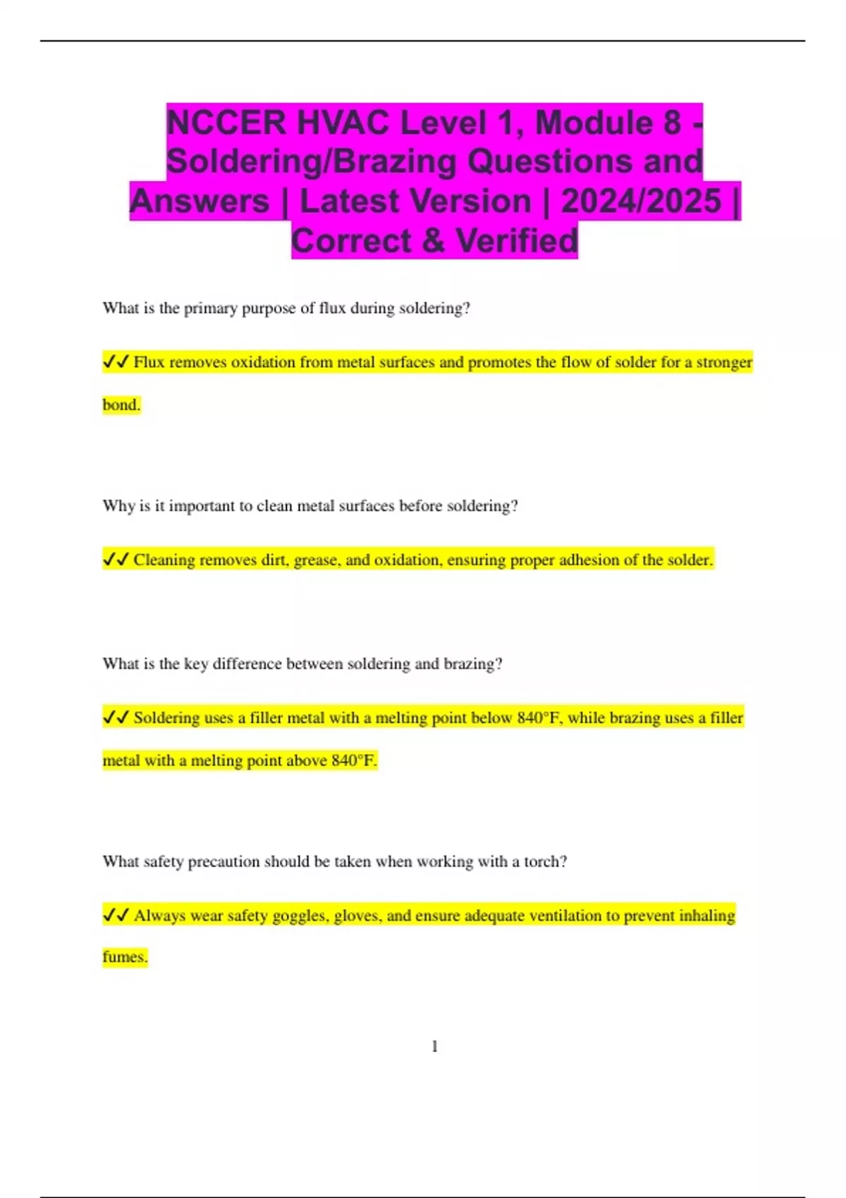 NCCER HVAC Level 1, Module 8 - Soldering/Brazing Questions and Answers ...