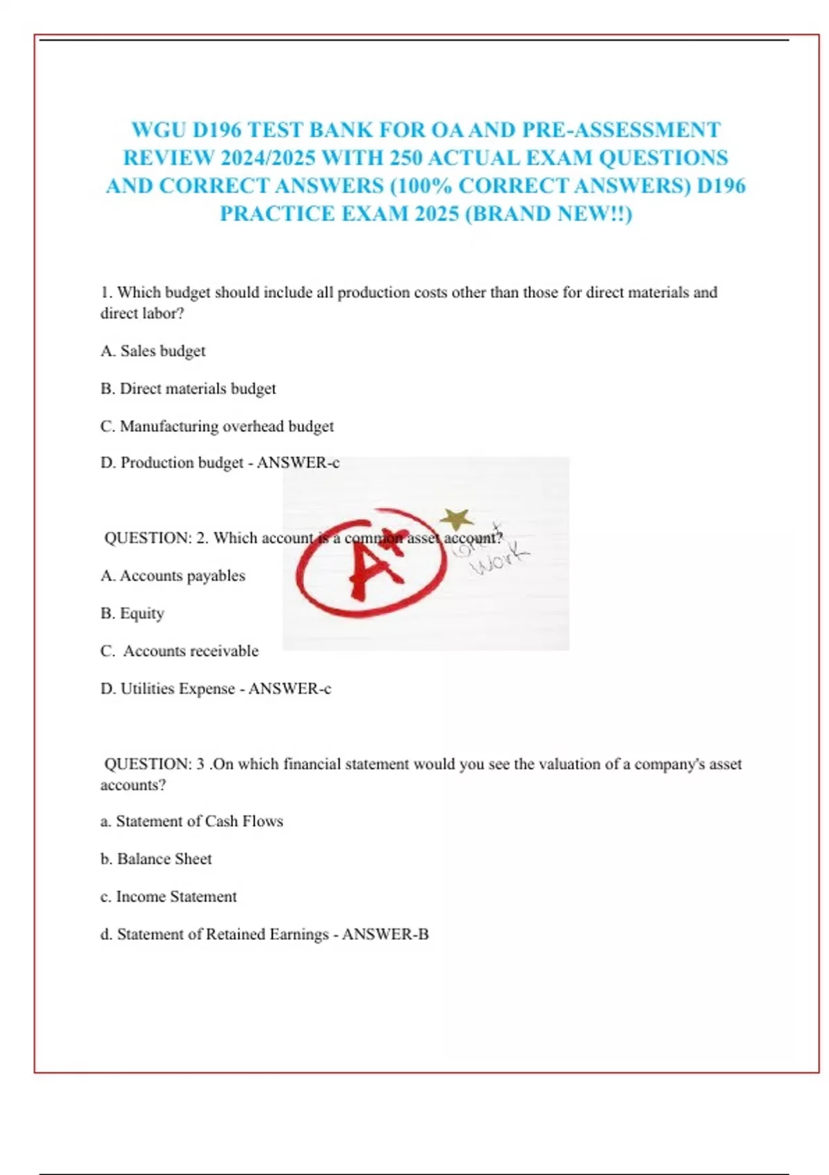 WGU D196 TEST BANK FOR OA AND PRE-ASSESSMENT REVIEW 2024/2025 WITH 250 ...
