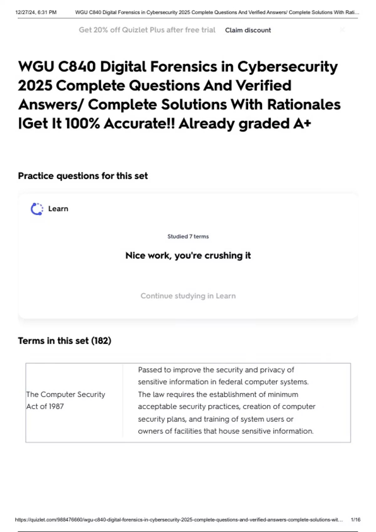 WGU C840 Digital Forensics in Cybersecurity 2025 Complete Questions And Verified Answers ...