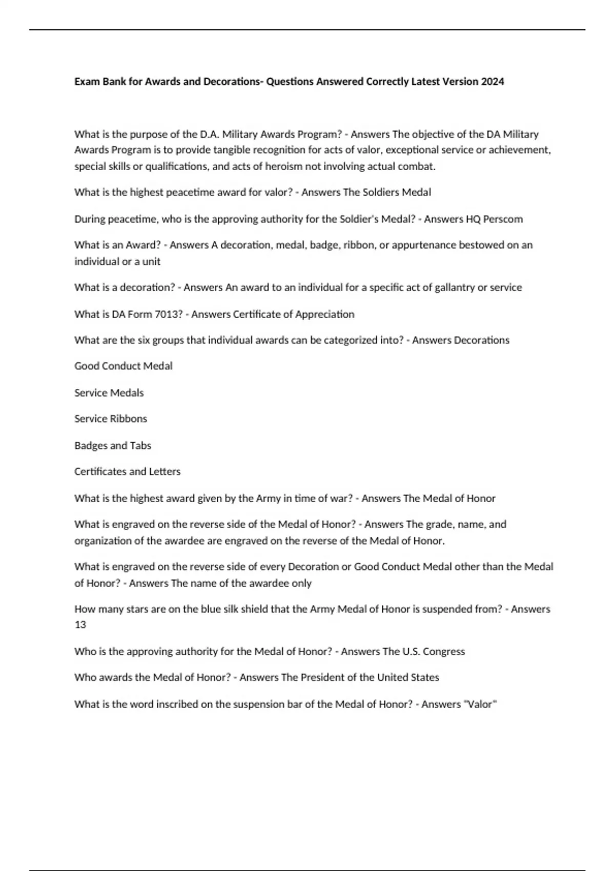 Exam Bank for Awards and Decorations- Questions Answered Correctly ...