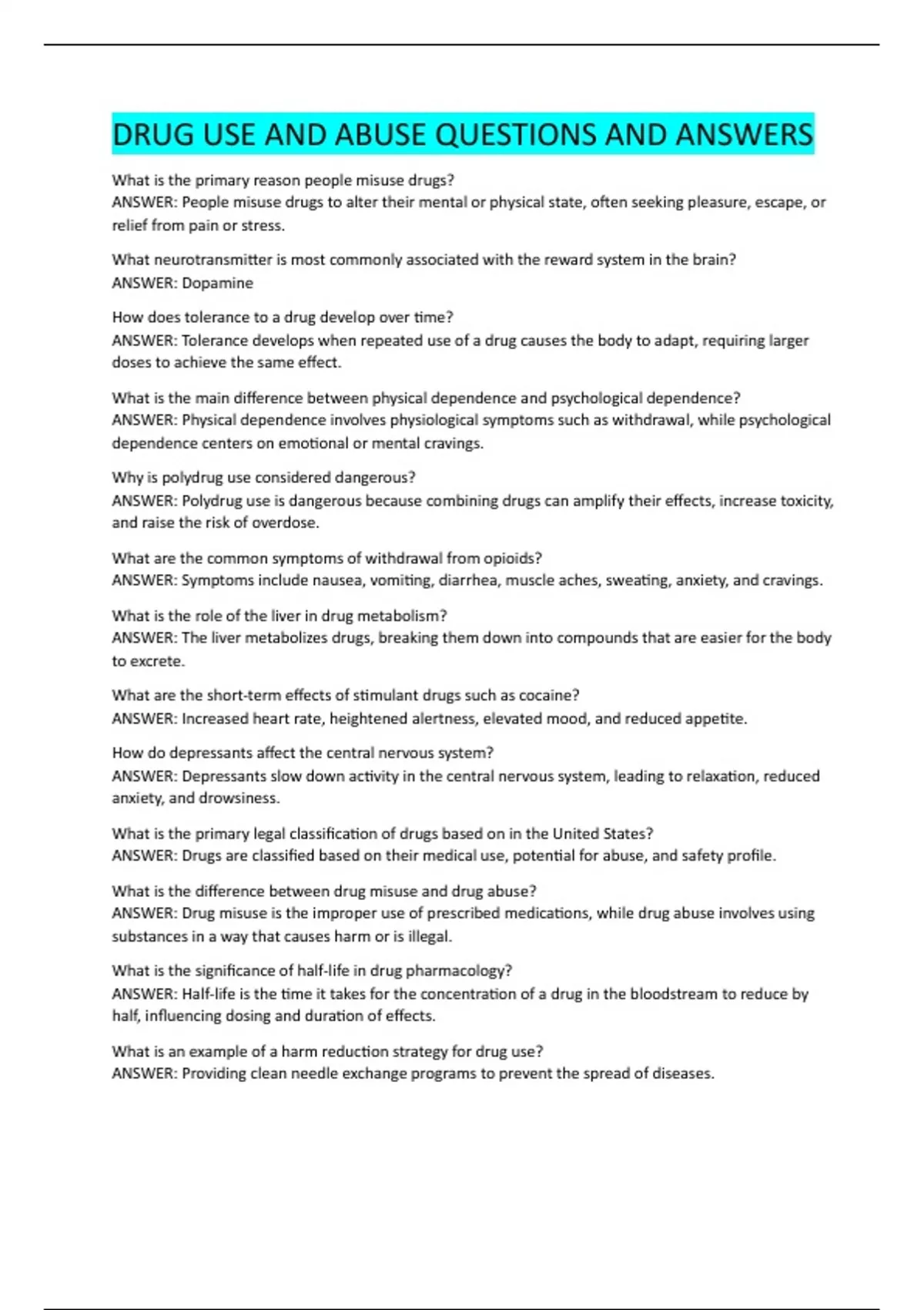 DRUG USE AND ABUSE - HSA - Health Service Administration - Stuvia US