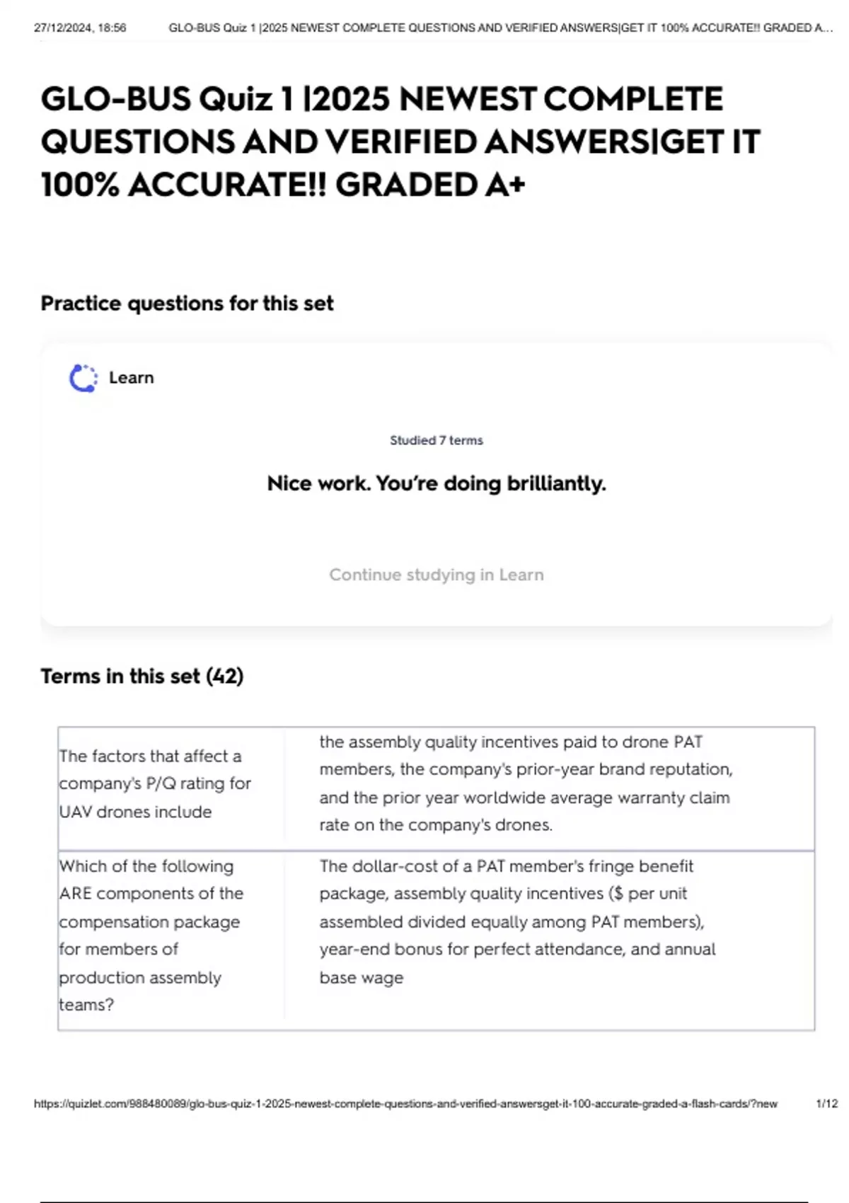 GLO-BUS Quiz 1 |2025 NEWEST COMPLETE QUESTIONS AND VERIFIED ANSWERS|GET ...