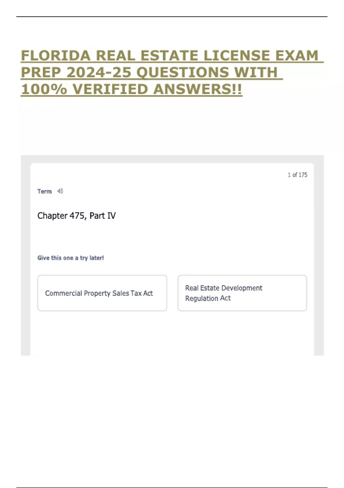 FLORIDA REAL ESTATE LICENSE EXAM PREP 2024-25 QUESTIONS WITH 100% VERIFIED ANSWERS!! - FLORIDA ...