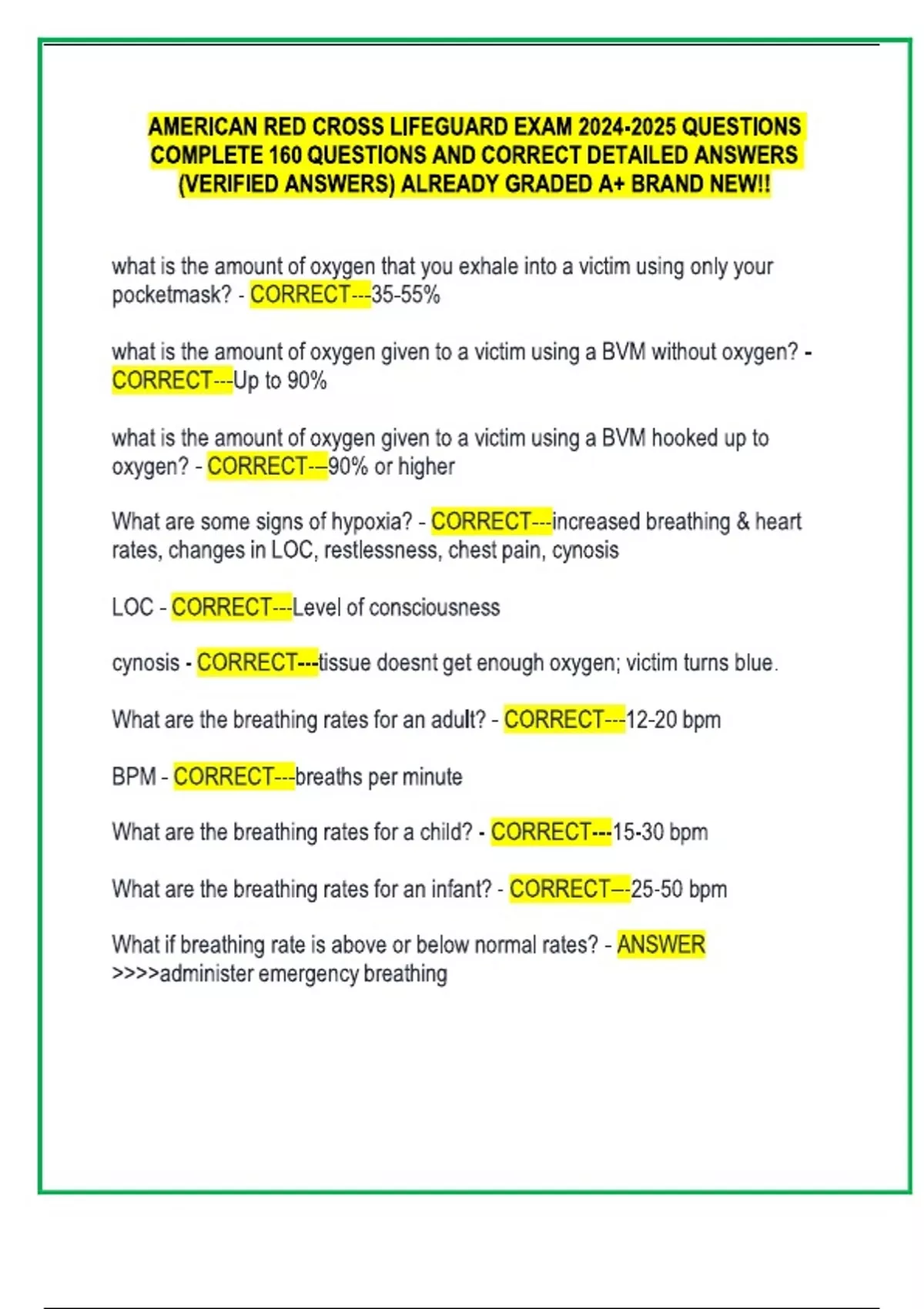 AMERICAN RED CROSS LIFEGUARD EXAM QUESTIONS COMPLETE 160 QUESTIONS AND ...