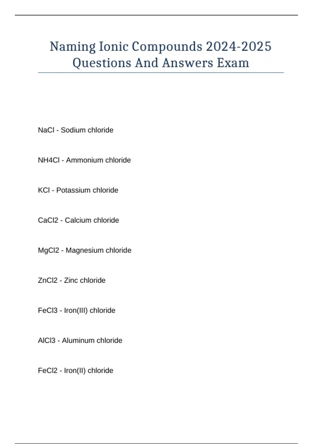 Naming Ionic Compounds Questions And Answers Exam - Chemistry - Stuvia US