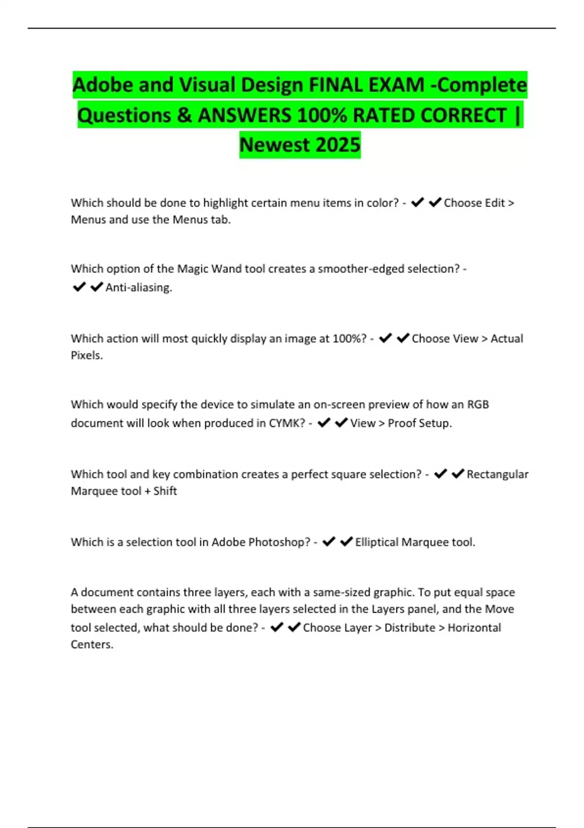 Adobe and Visual Design FINAL EXAM -Complete Questions & ANSWERS 100% ...