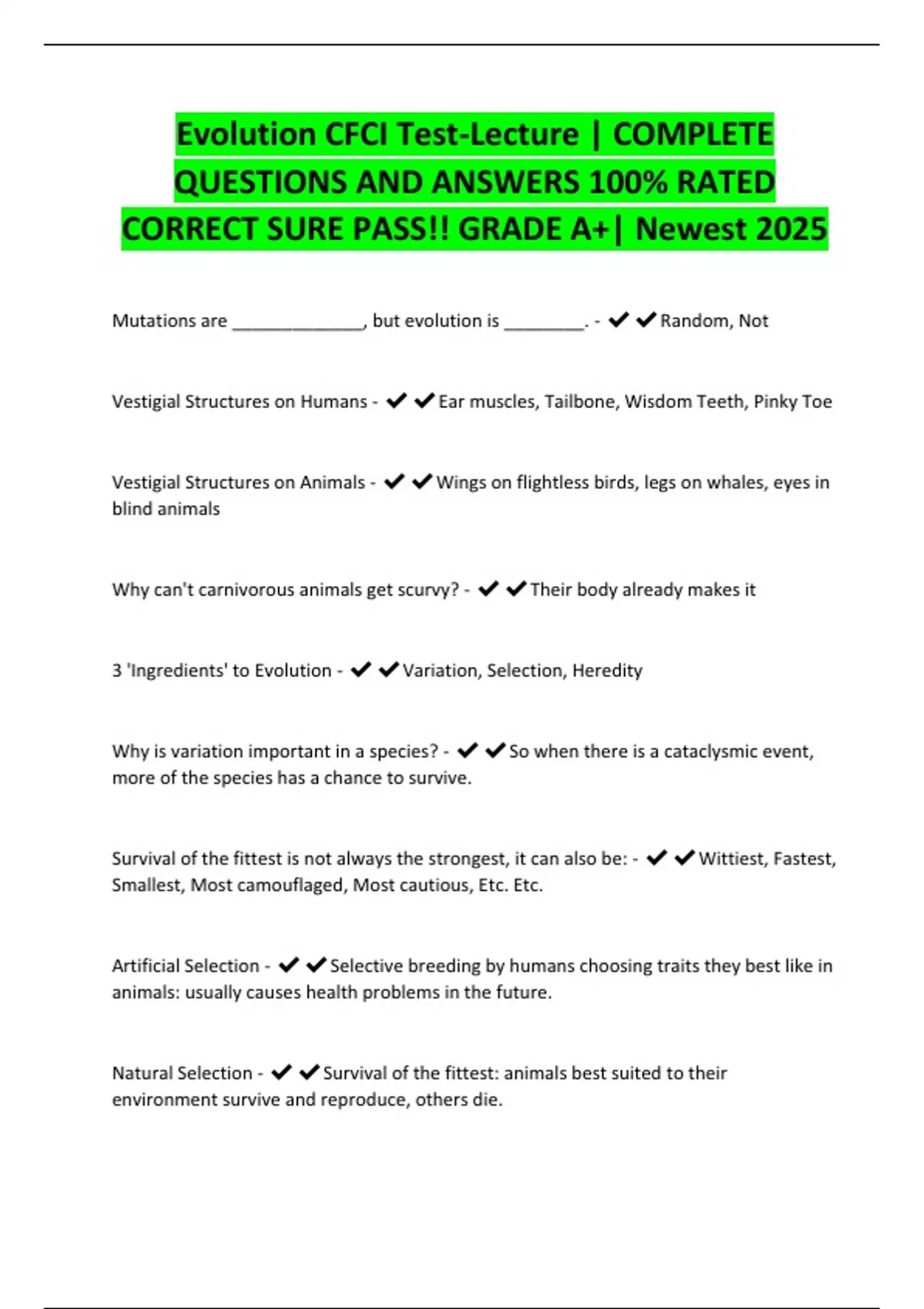 Evolution CFCI Test-Lecture | COMPLETE QUESTIONS AND ANSWERS 100% RATED ...