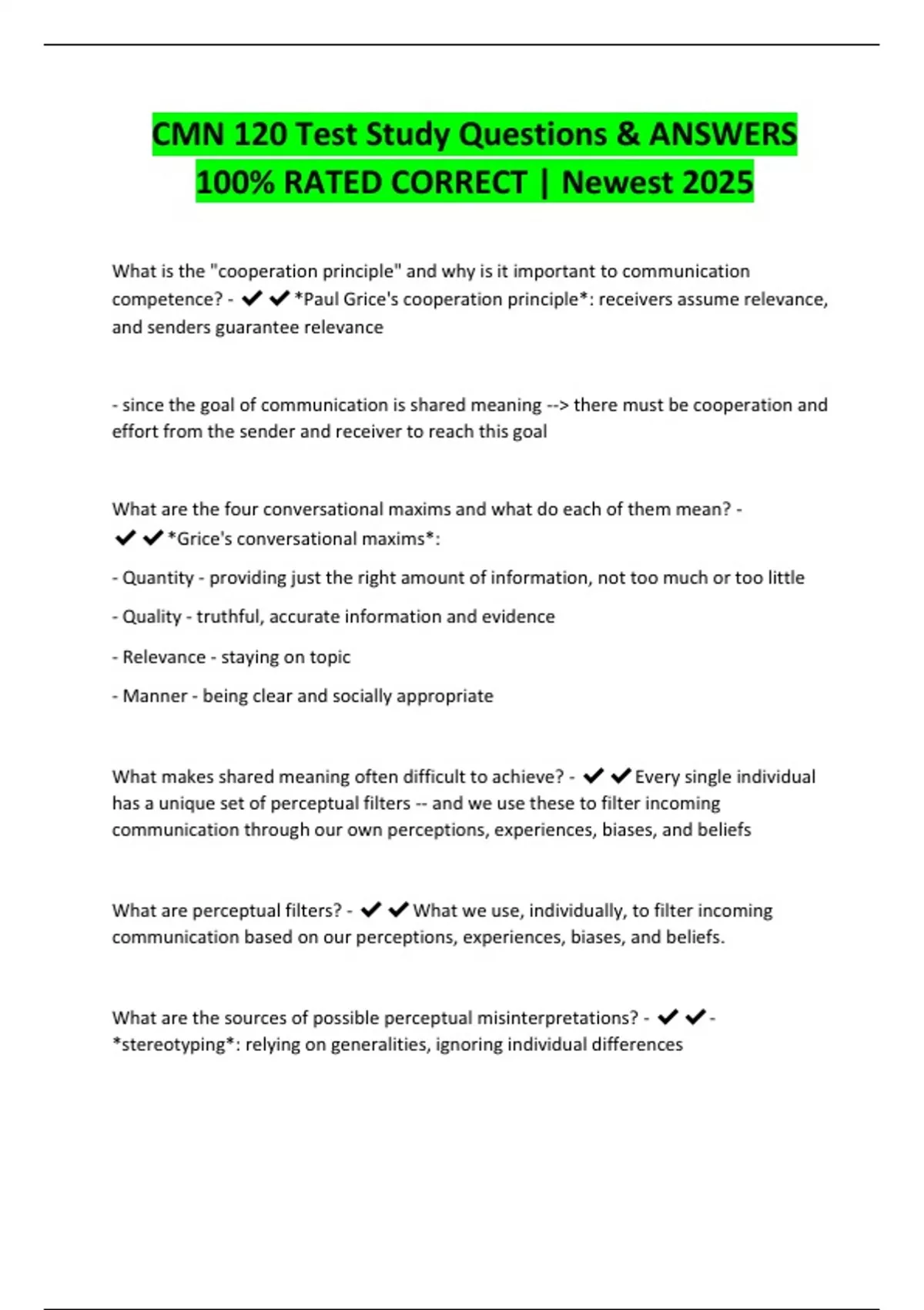 CMN 120 Test Study Questions & ANSWERS 100% RATED CORRECT | Newest 2025 ...