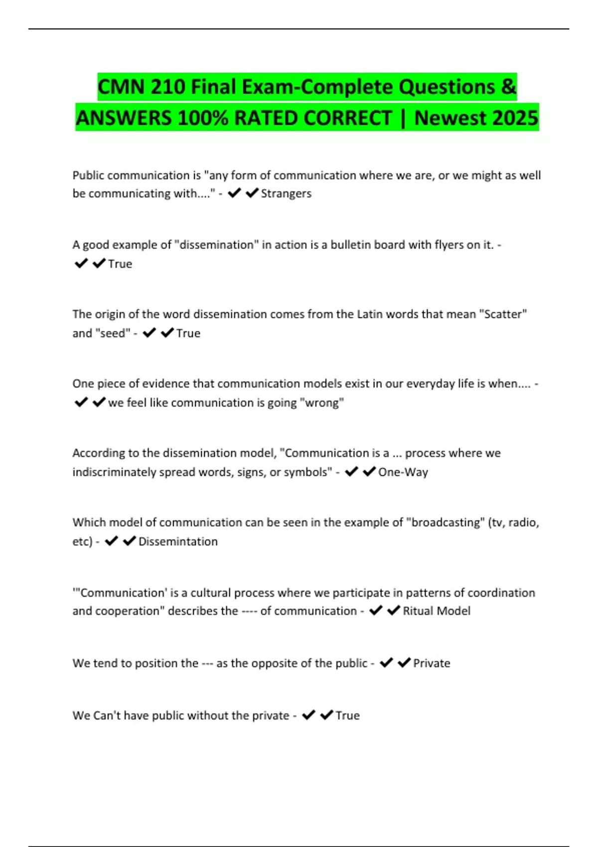 CMN 210 Final Exam-Complete Questions & ANSWERS 100% RATED CORRECT | Newest 2025 - CMN - Stuvia US