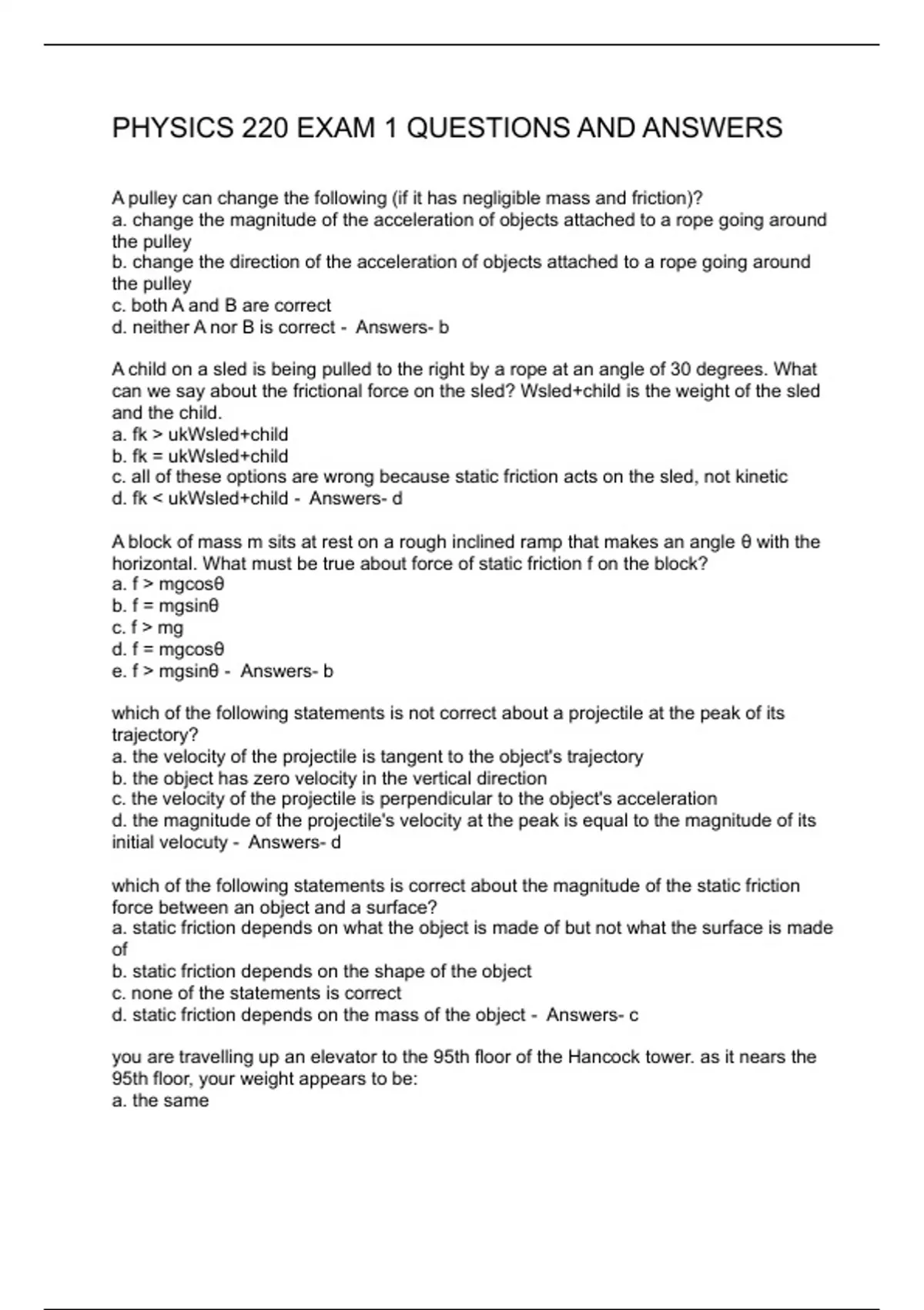 PHYSICS 220 EXAM 1 QUESTIONS AND ANSWERS - PHYS 220 - Stuvia US