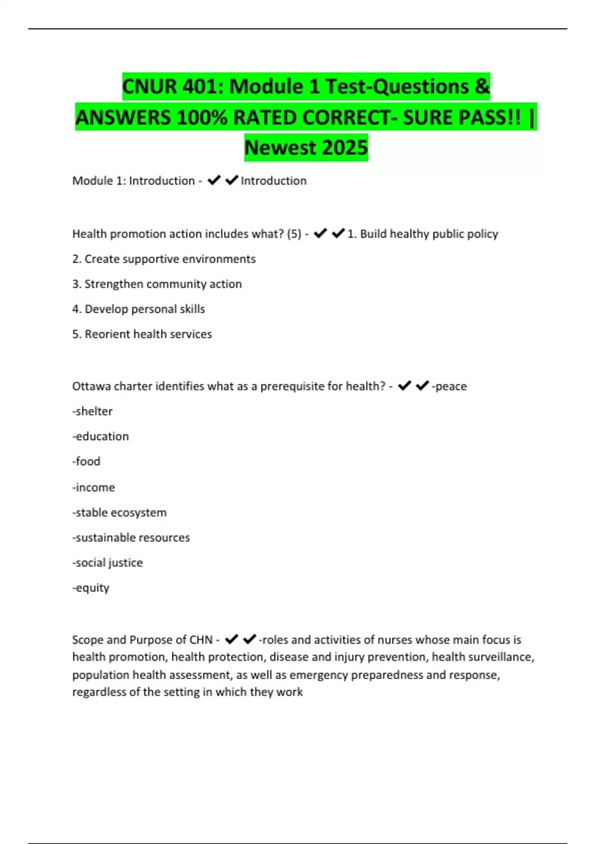 CNUR 401: Module 1 Test-Questions & ANSWERS 100% RATED CORRECT- SURE ...