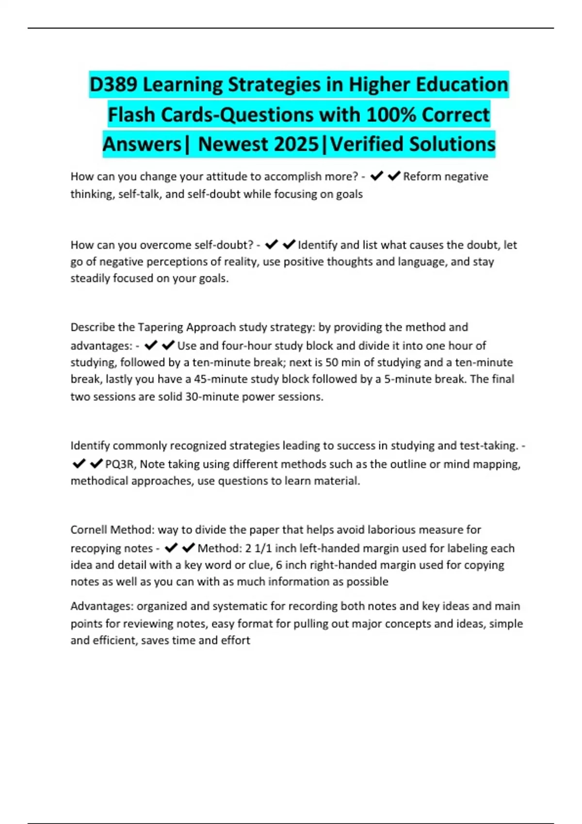 D389 Learning Strategies In Higher Education Flash Cards Questions With 100 Correct Answers