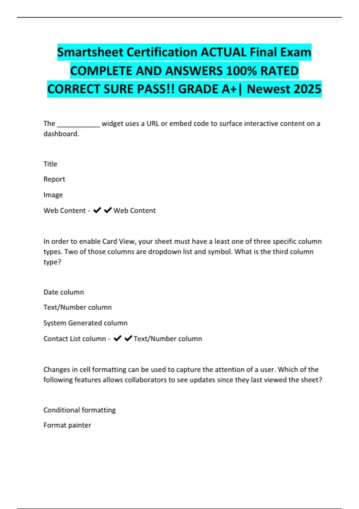 Smartsheet Certification ACTUAL Final Exam COMPLETE AND ANSWERS 100% ...