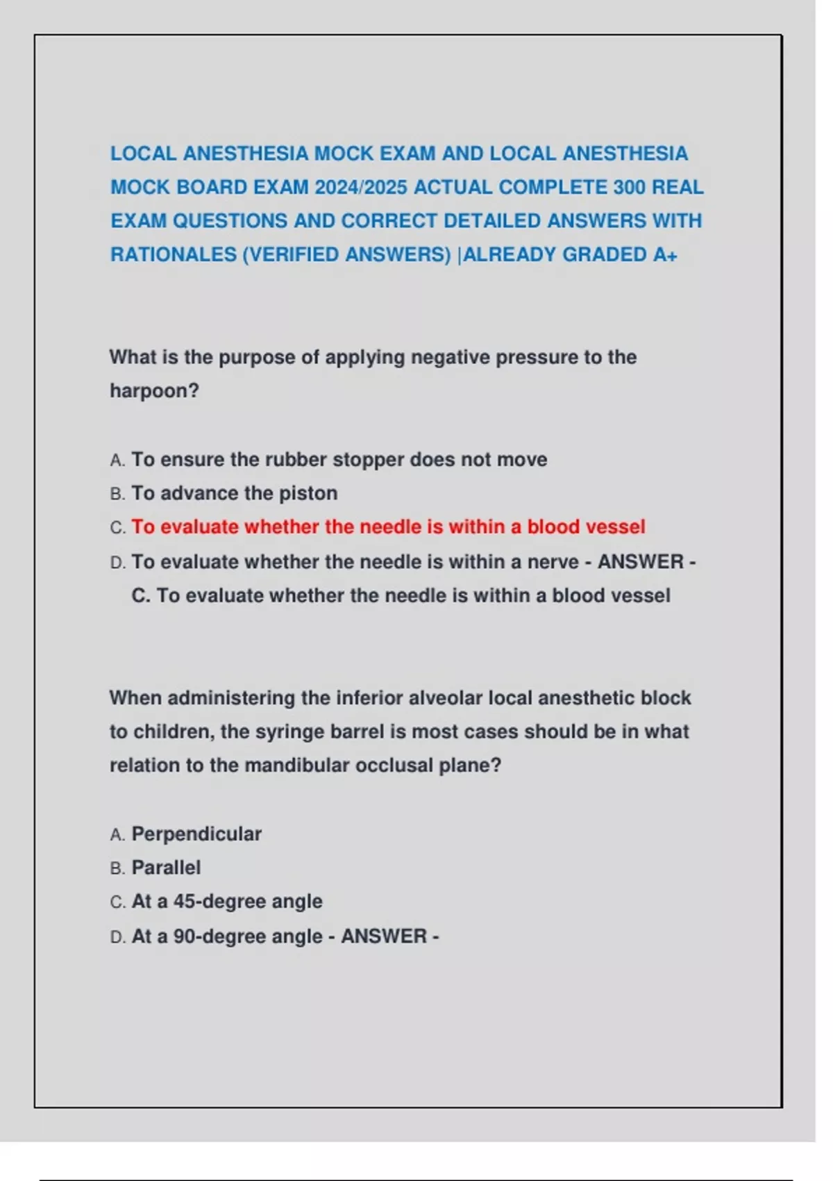 LOCAL ANESTHESIA MOCK EXAM AND LOCAL ANESTHESIA MOCK BOARD EXAM 2024/ ...