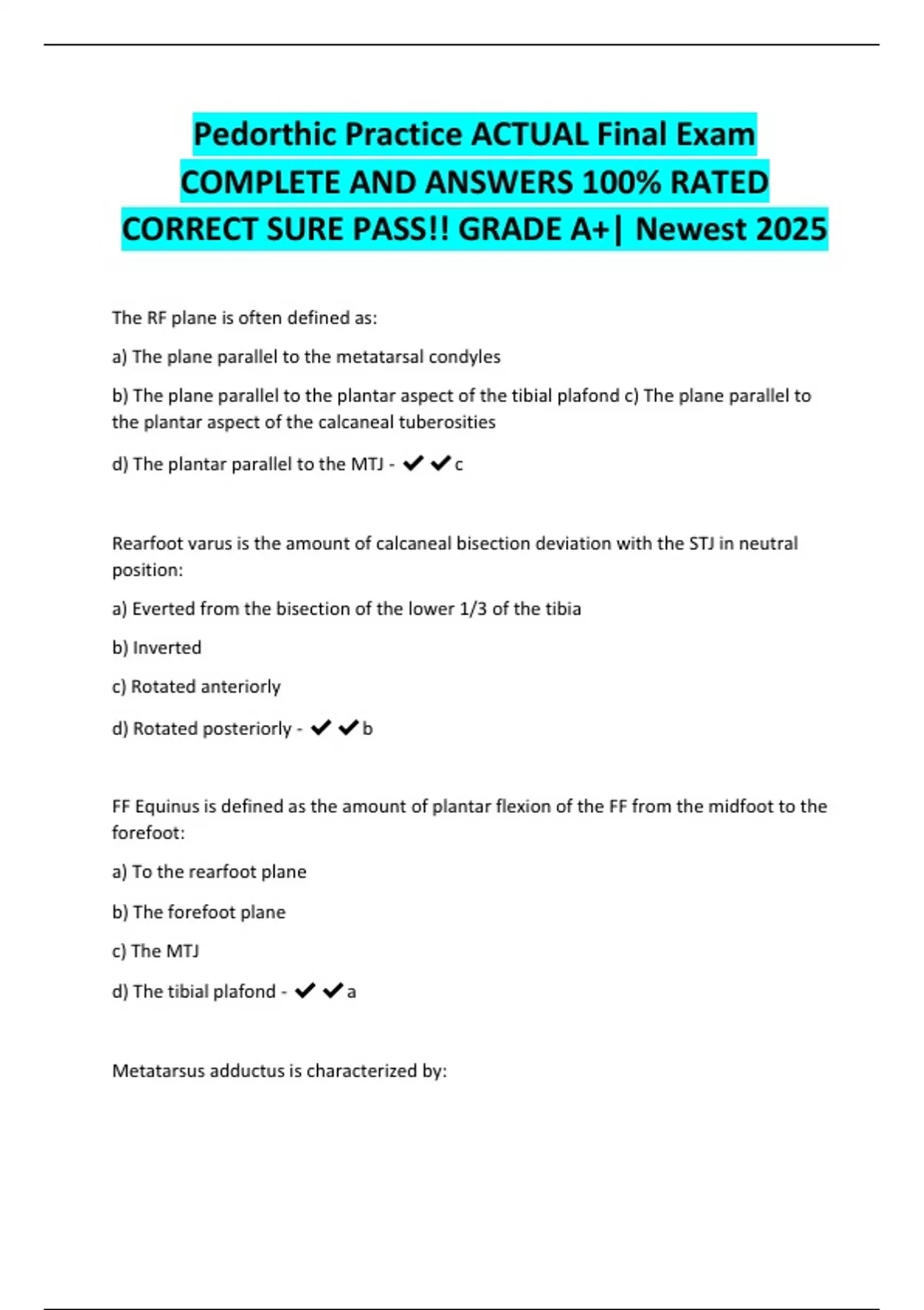 Pedorthic Practice ACTUAL Final Exam COMPLETE AND ANSWERS 100% RATED ...