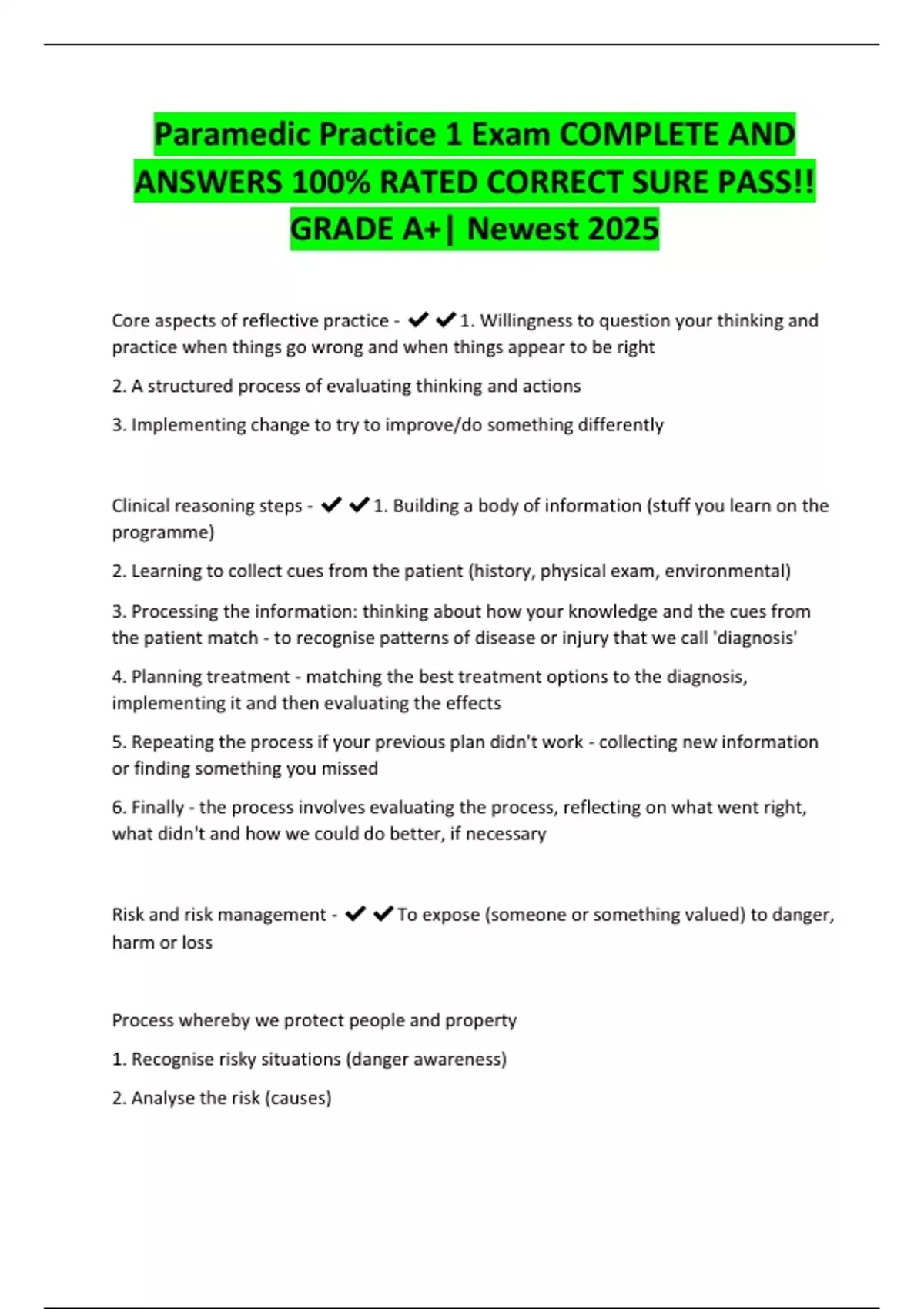 Paramedic Practice 1 Exam COMPLETE AND ANSWERS 100% RATED CORRECT SURE ...