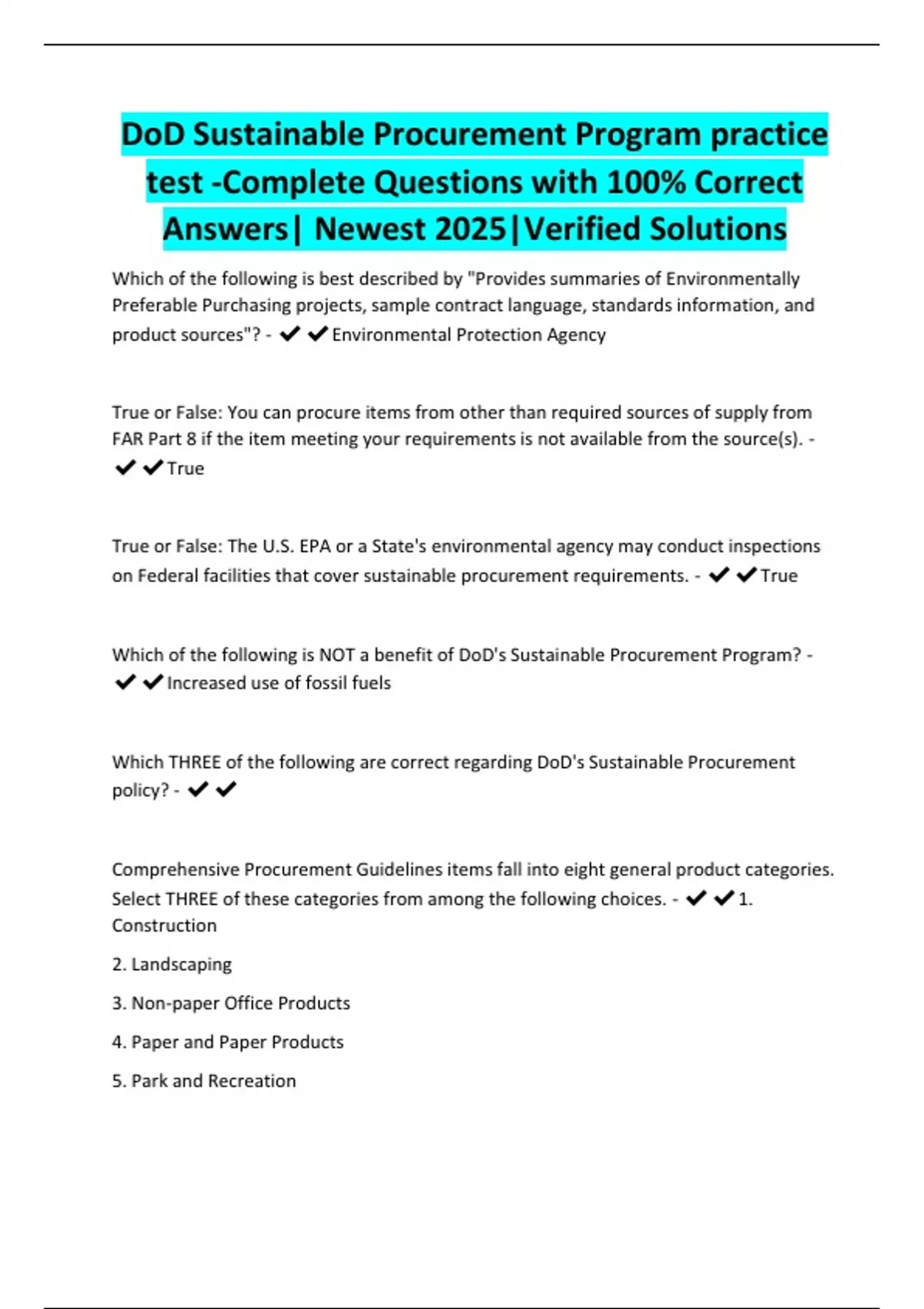 DoD Sustainable Procurement Program practice test -Complete Questions ...