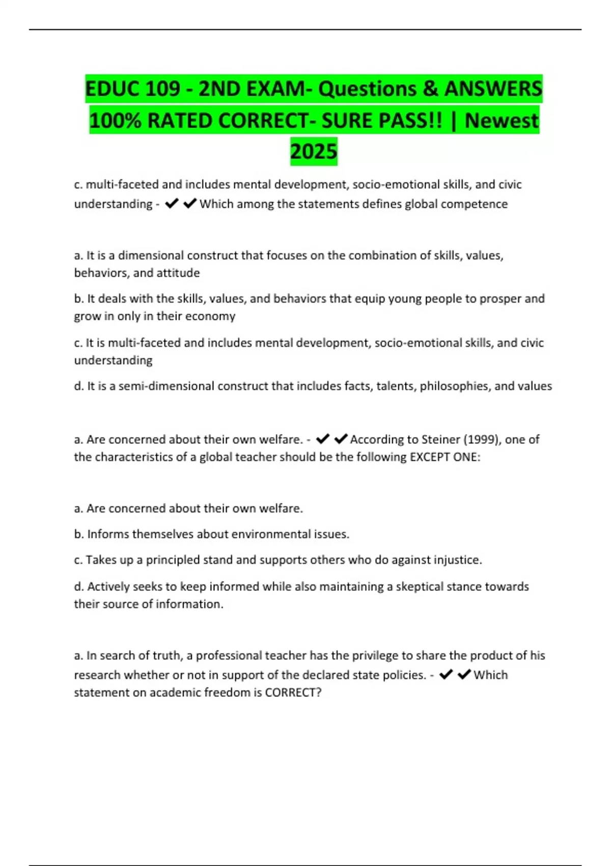 EDUC 109 - 2ND EXAM- Questions & ANSWERS 100% RATED CORRECT- SURE PASS ...