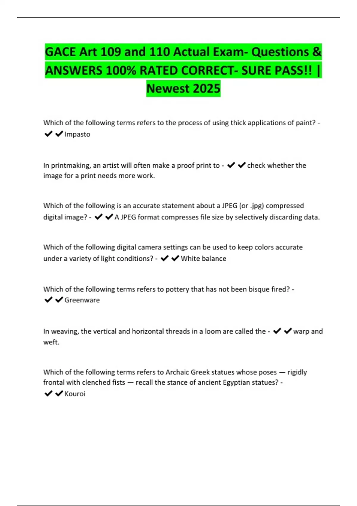 GACE Art 109 and 110 Actual Exam- Questions & ANSWERS 100% RATED ...