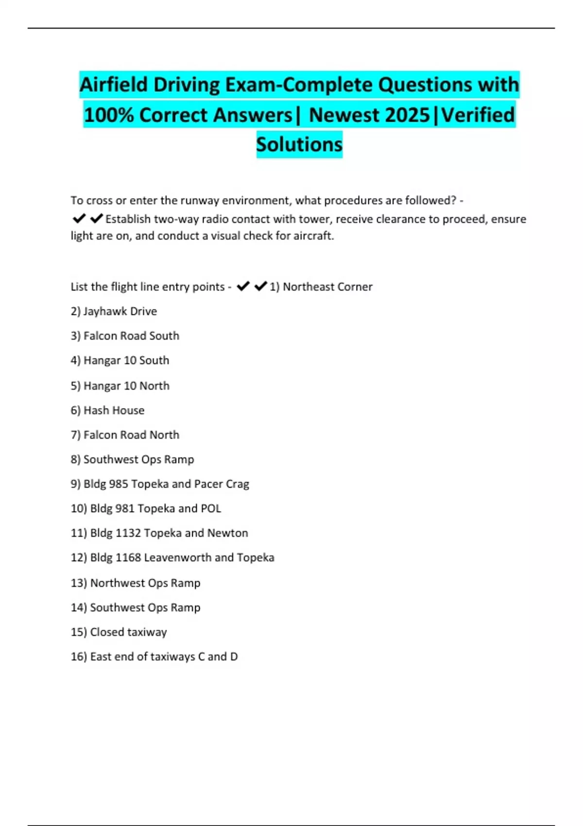 Airfield Driving Exam-Complete Questions with 100% Correct Answers ...