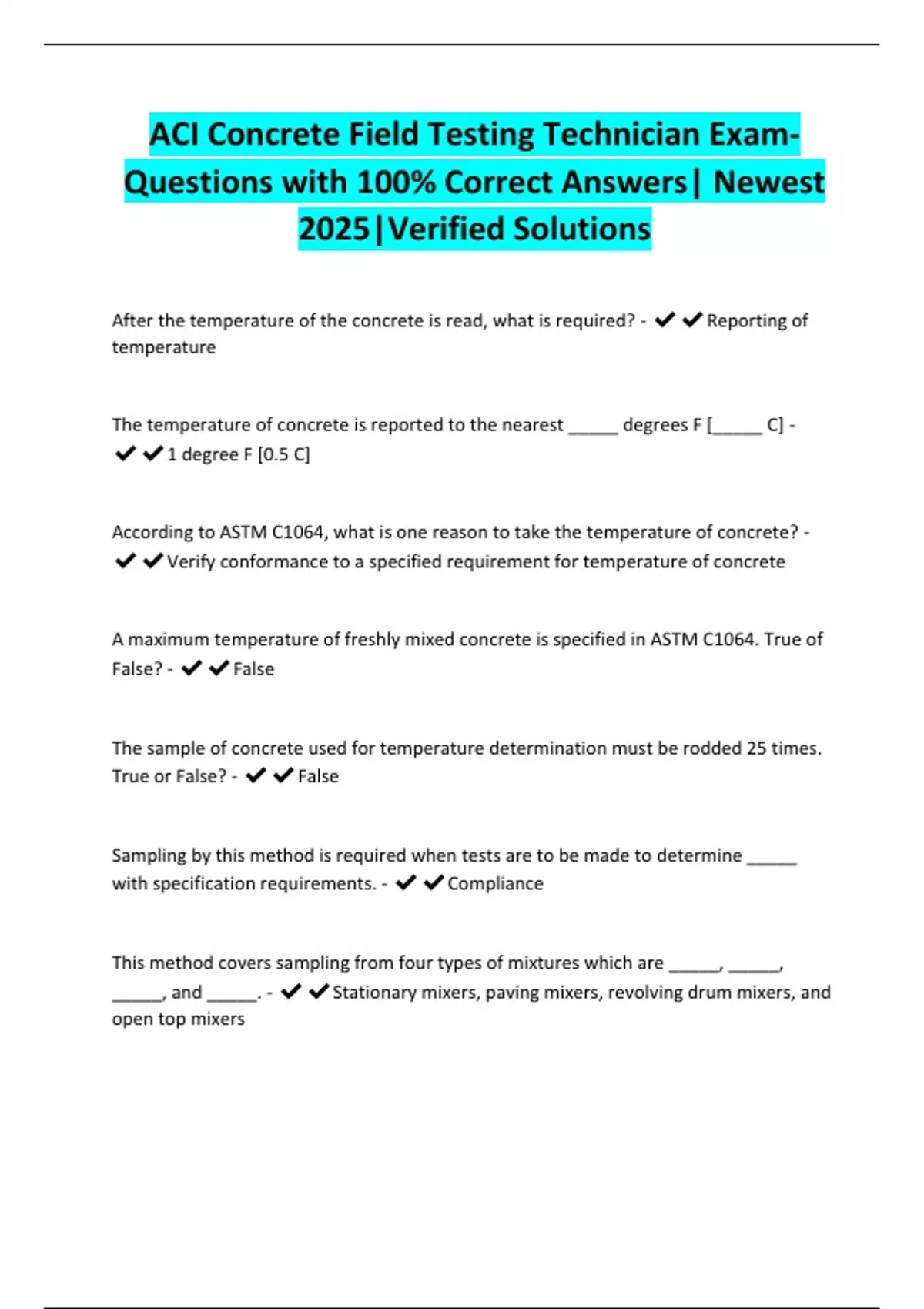 ACI Concrete Field Testing Technician Exam- Questions with 100% Correct ...